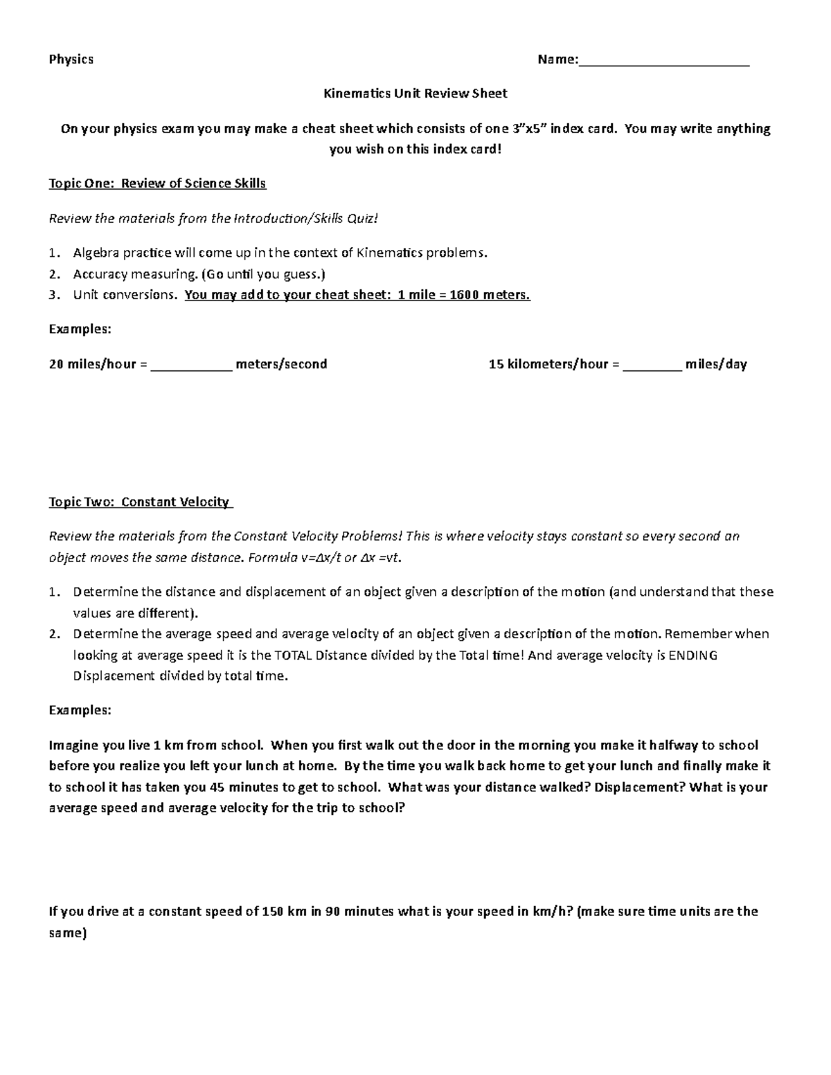 Unit 1 Kinematics Review 2021 - Physics Name ...