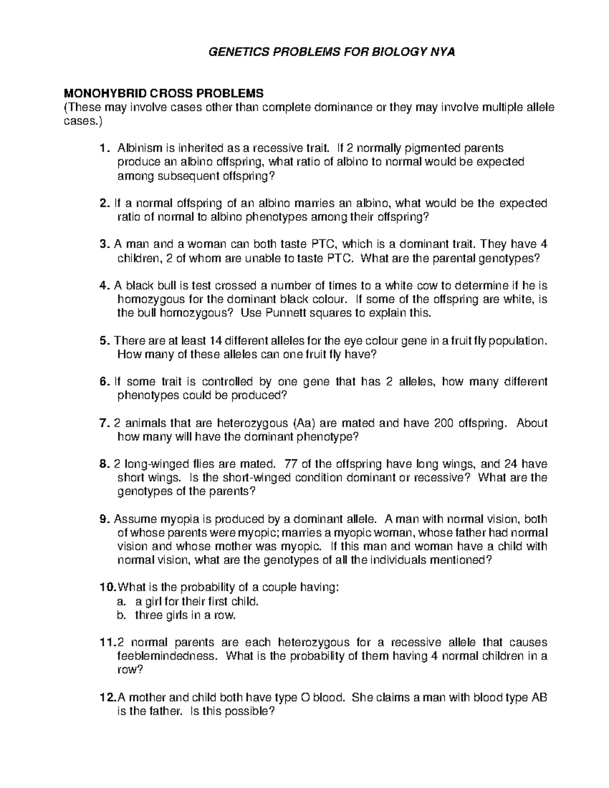 Genetics Problem Set 1 NYA - GENETICS PROBLEMS FOR BIOLOGY NYA ...