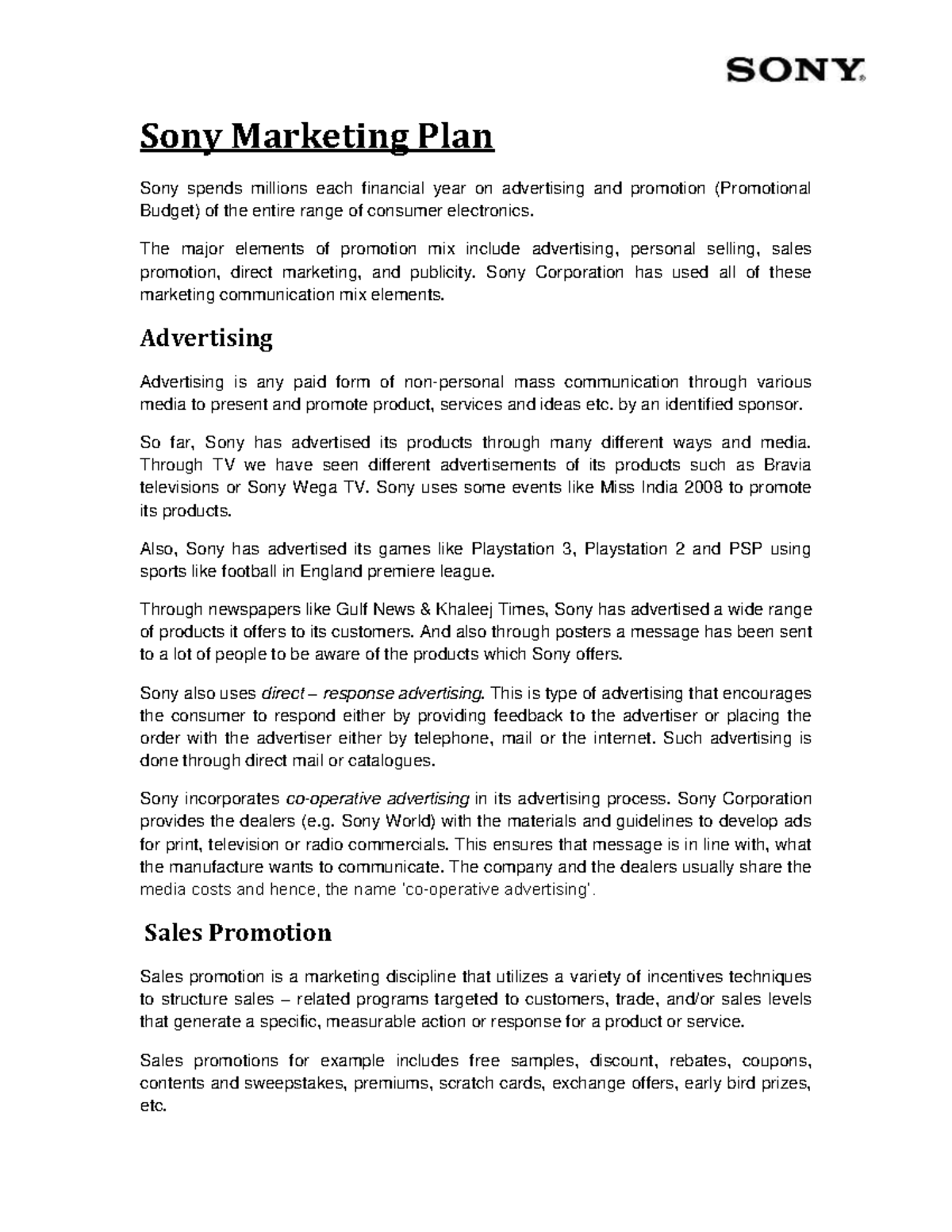 Project on Sonys Marketing Plan Present 22-24 - Sony Marketing Plan ...
