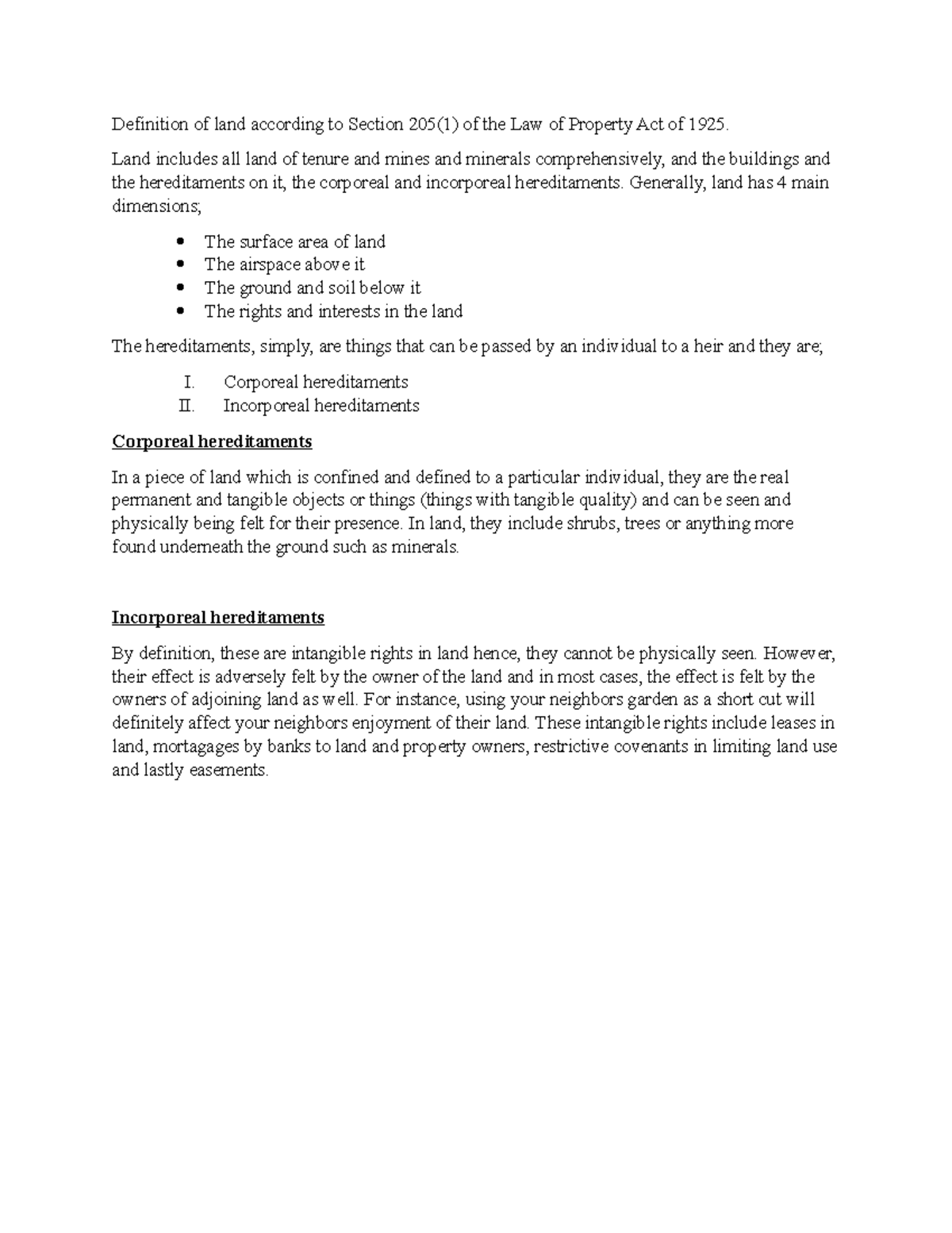 Hereditaments - 4th year - Definition of land according to Section 205 ...