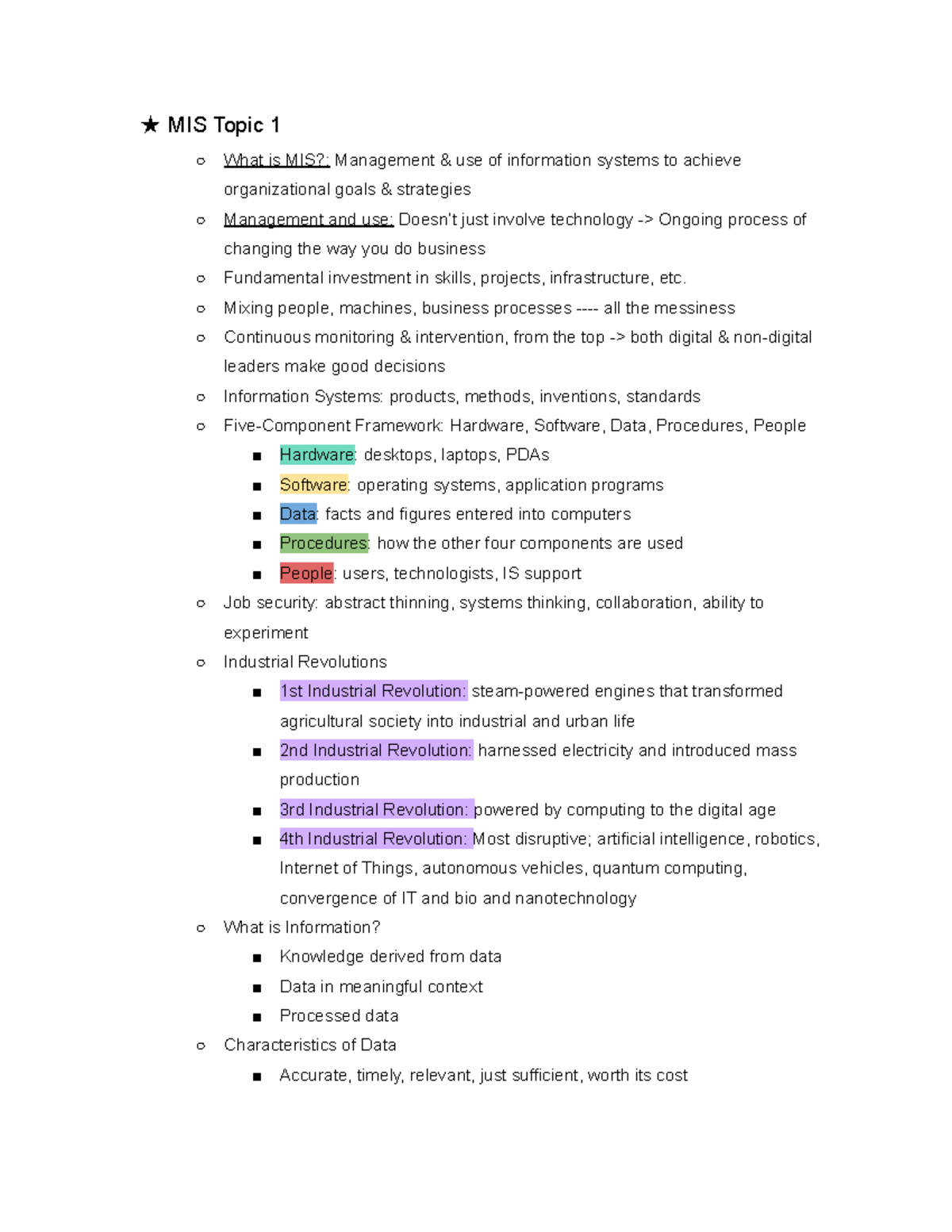 MIS Midterm Cheat Sheet - ★ MIS Topic 1 What is MIS?: Management & use ...