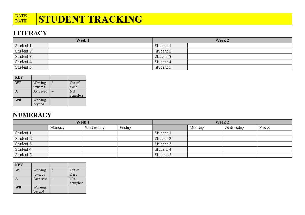 Student tracking Layout - DATE - DATE STUDENT TRACKING LITERACY Week 1 ...