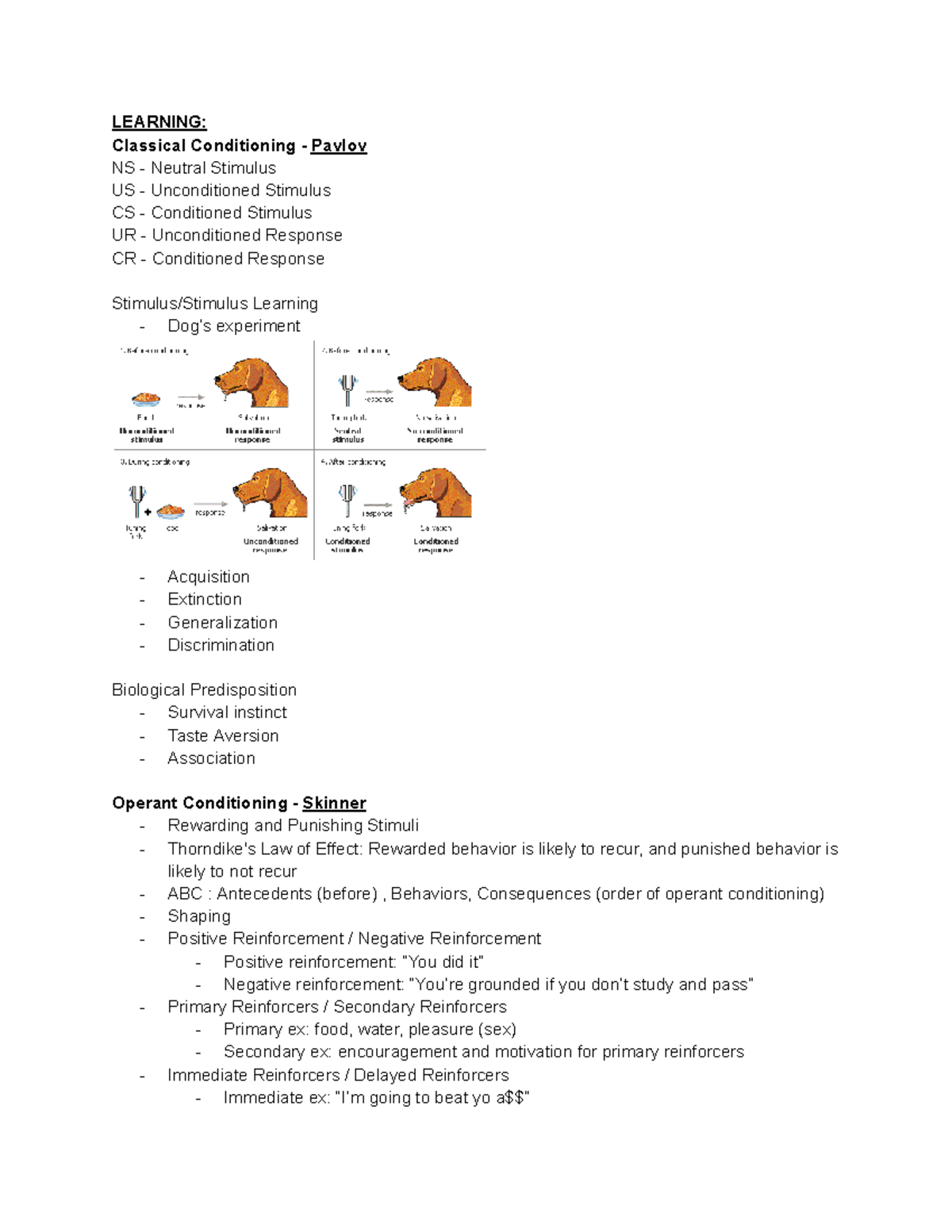 Psych Final Study Guide - LEARNING: Classical Conditioning - Pavlov NS ...