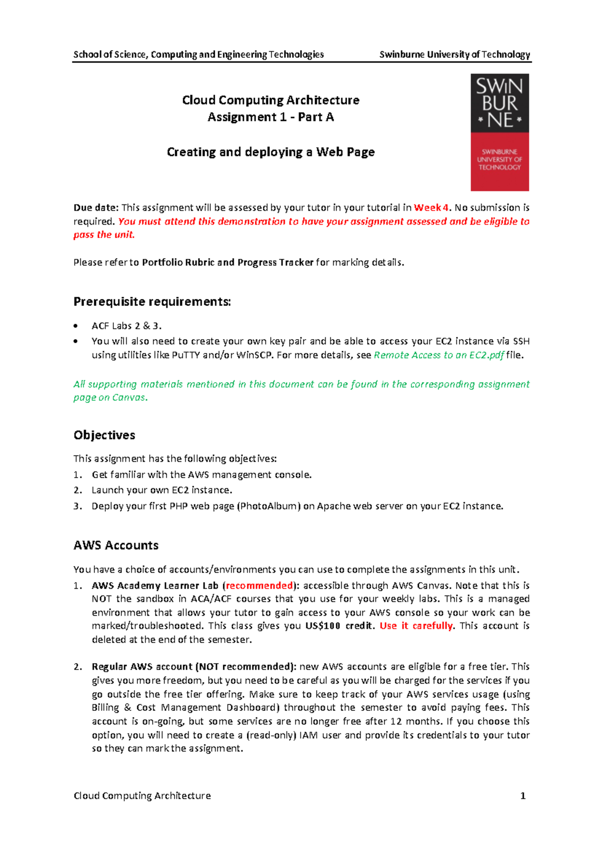 Assignment 1a Pg V2 Cloud Computing Architecture Assignment 1 Part A Creating And Deploying