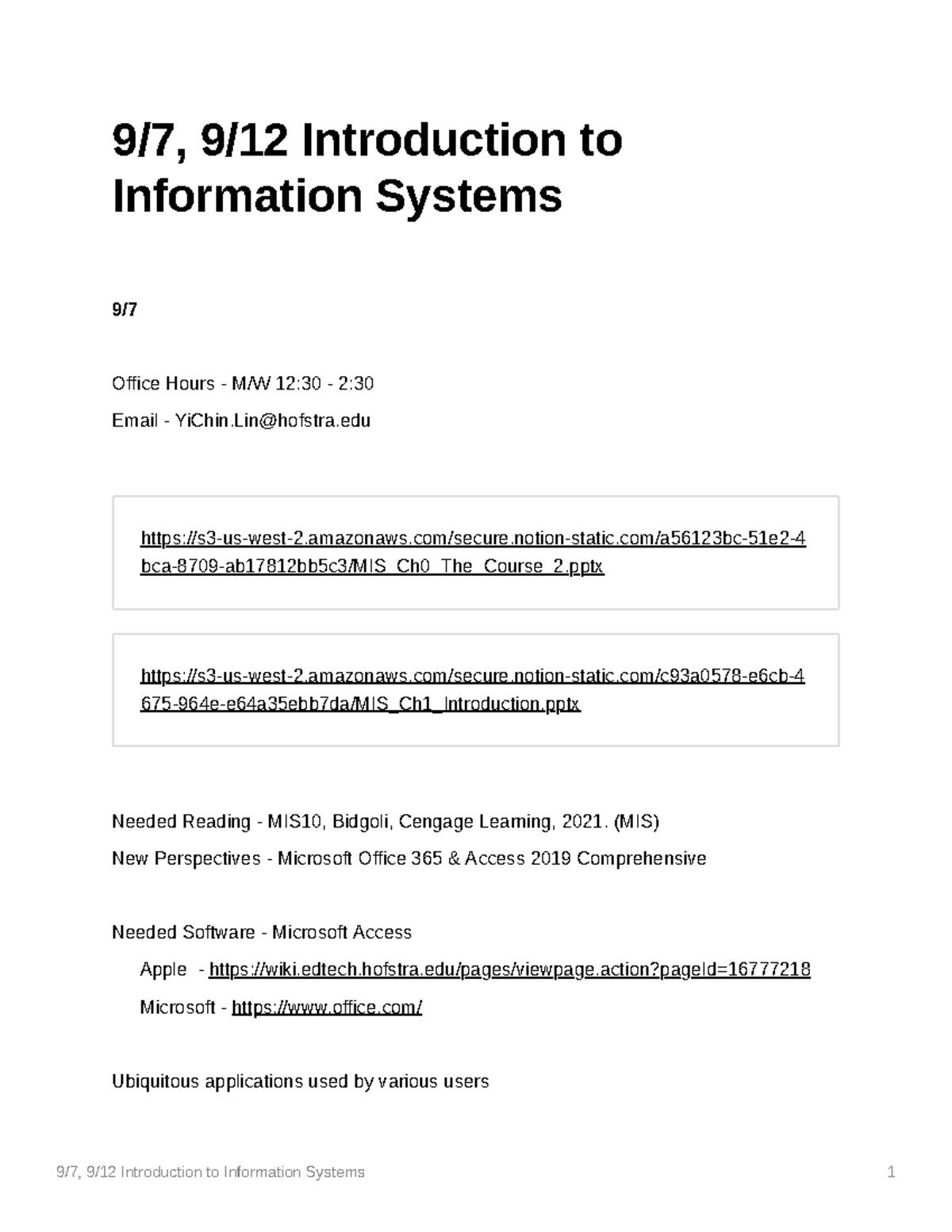 97 912 Introduction to Information Systems - 9/7, 9/12 Introduction to Information Systems 9 ...