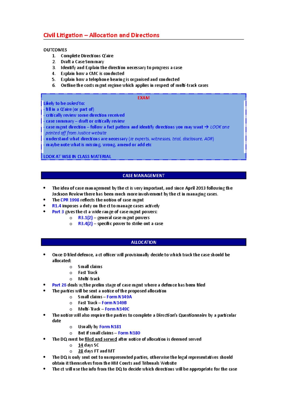 Civil Lit – Allocation and Directions - Civil Litigation – Allocation ...