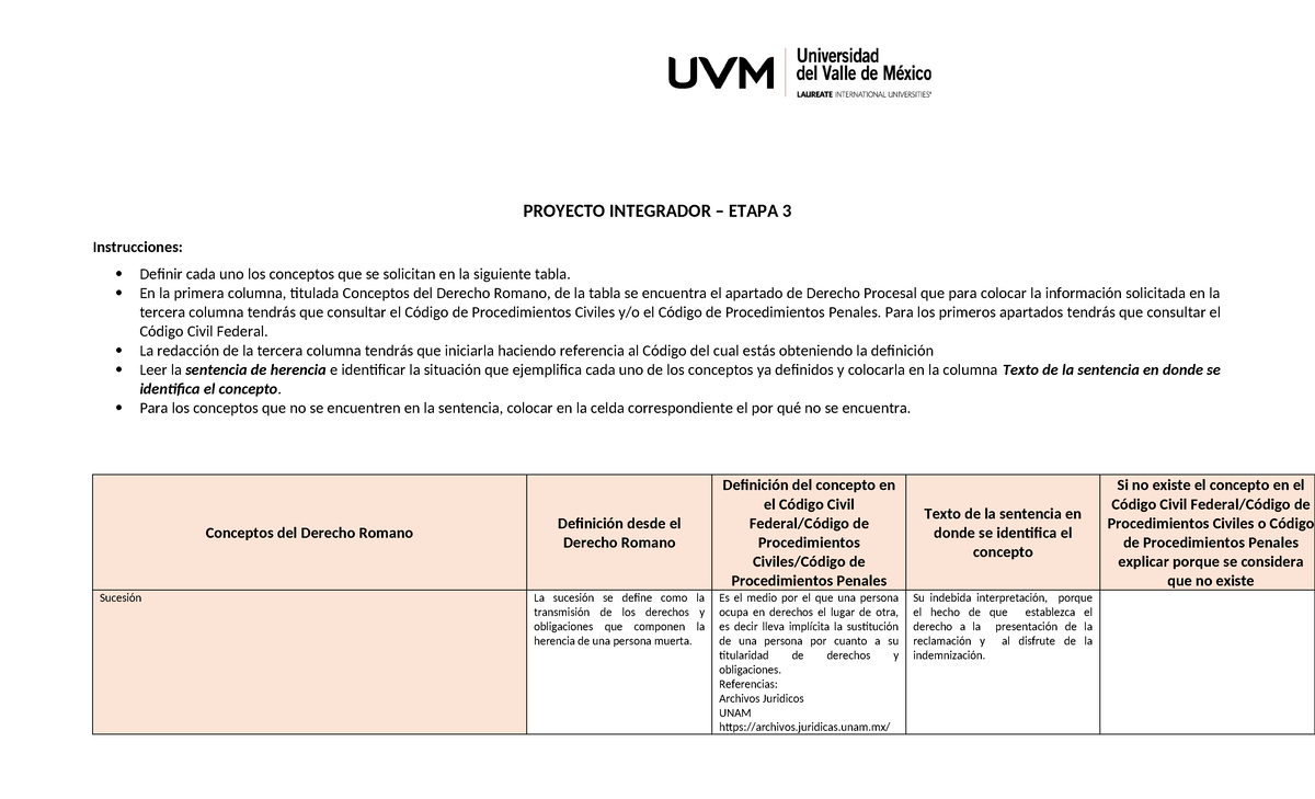 Uvm - PROYECTO INTEGRADOR – ETAPA 3 Instrucciones: Definir cada uno los conceptos que se ...