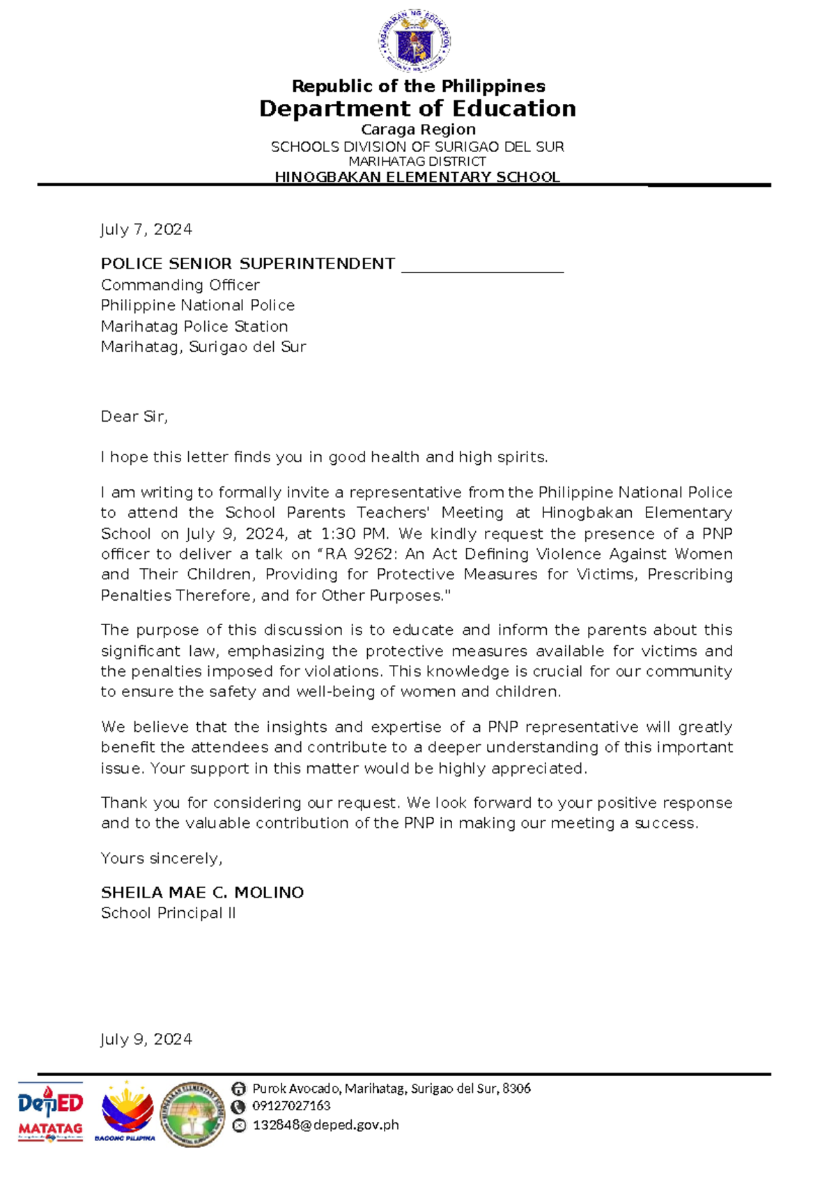 Letter request for SPTA - Department of Education Caraga Region SCHOOLS ...