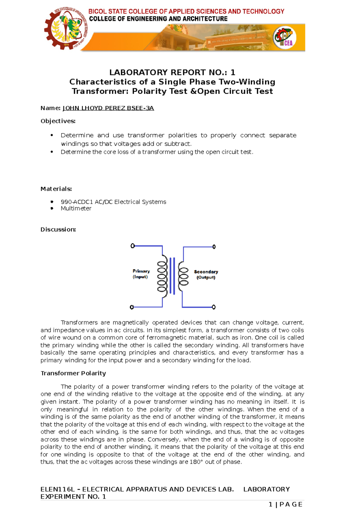 ELEN116 Perez Lab 1 - lab report - LABORATORY REPORT NO.: 1 ...