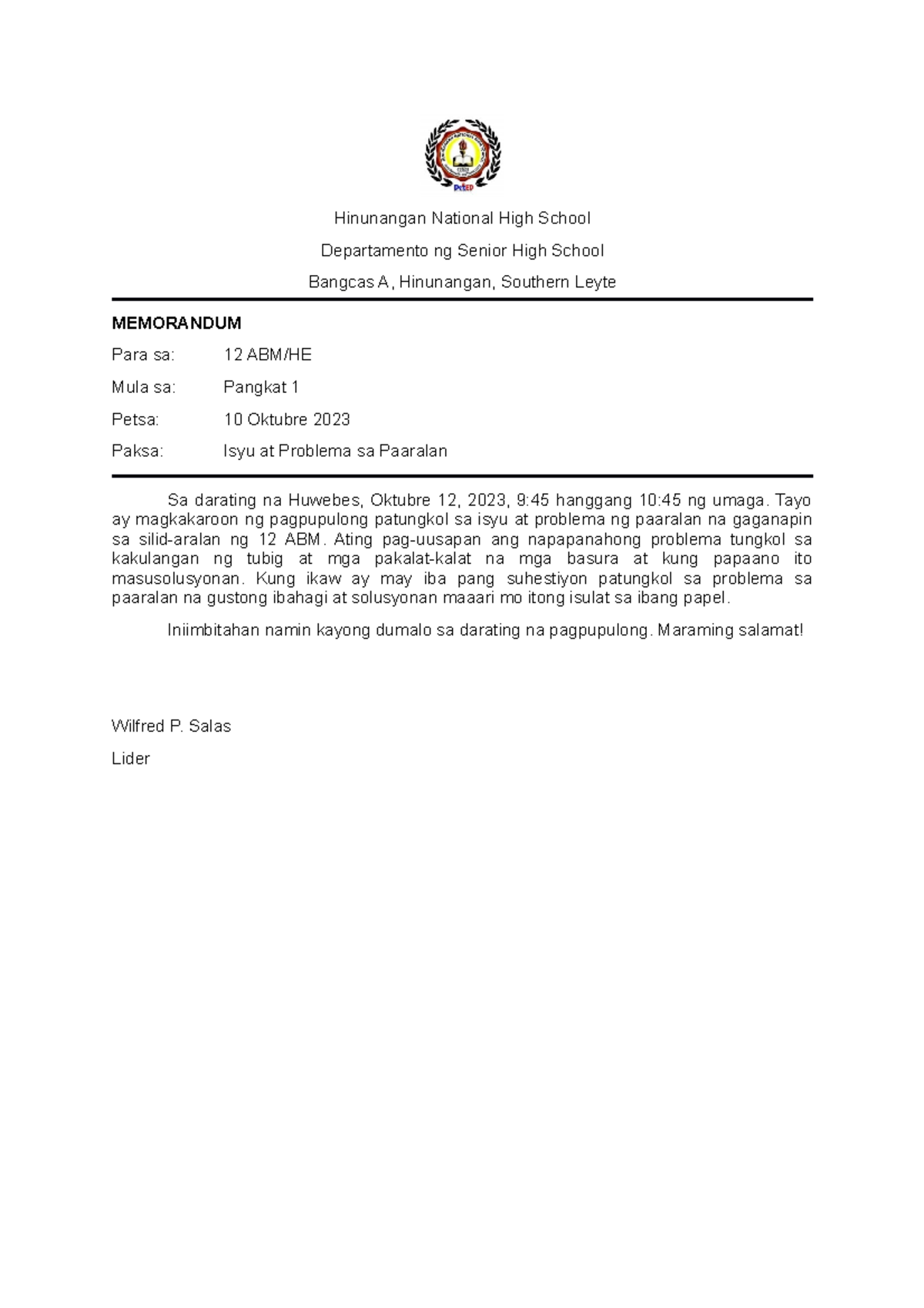 Memo (fpl) - Memorandum - Hinunangan National High School Departamento ...