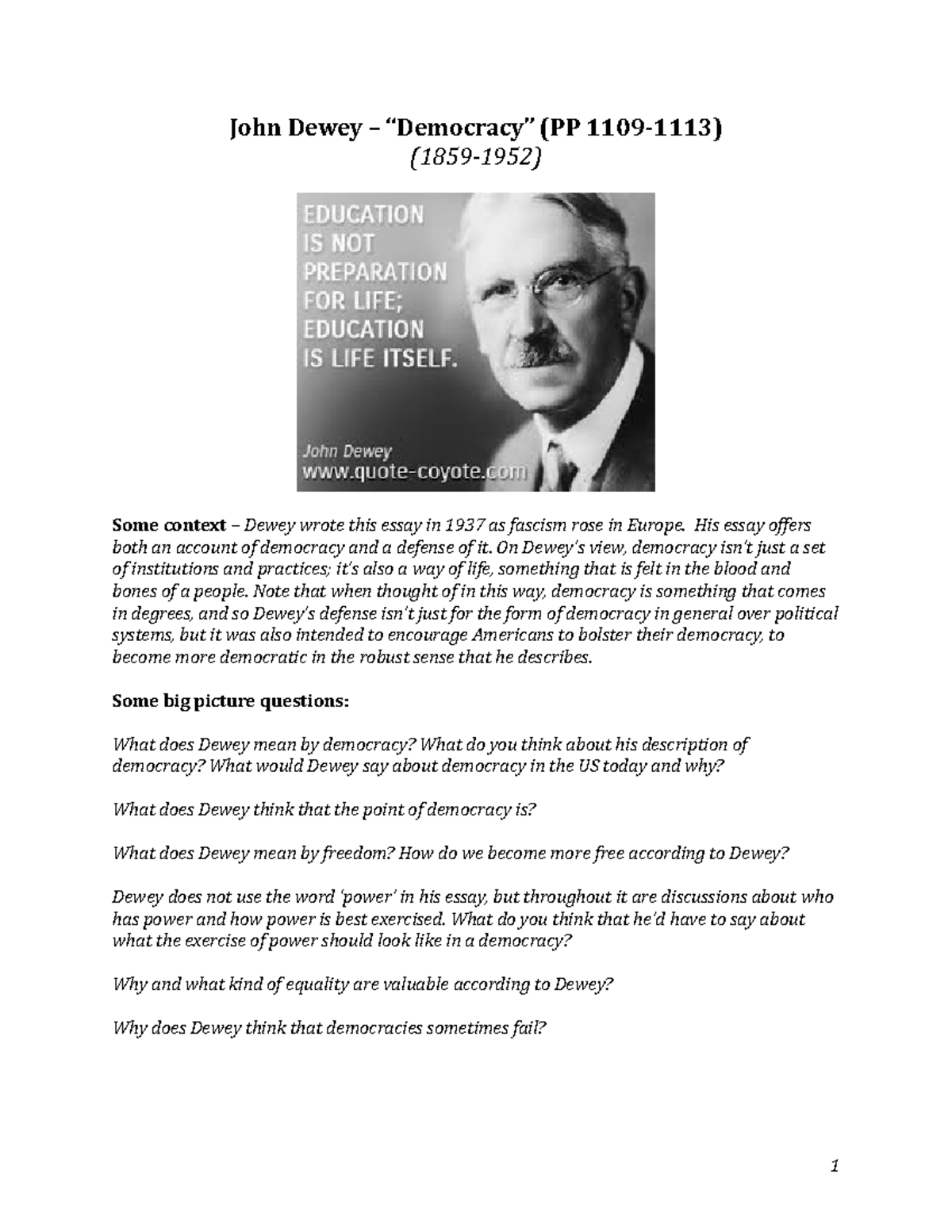 John Dewey – Democracy Handout Updated for early in the semester Fall ...