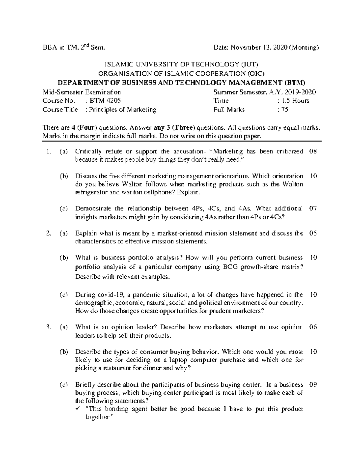 Principles of marketing- 1-2 -MID_question-2020 - BBA in TM, 2nd Sem ...