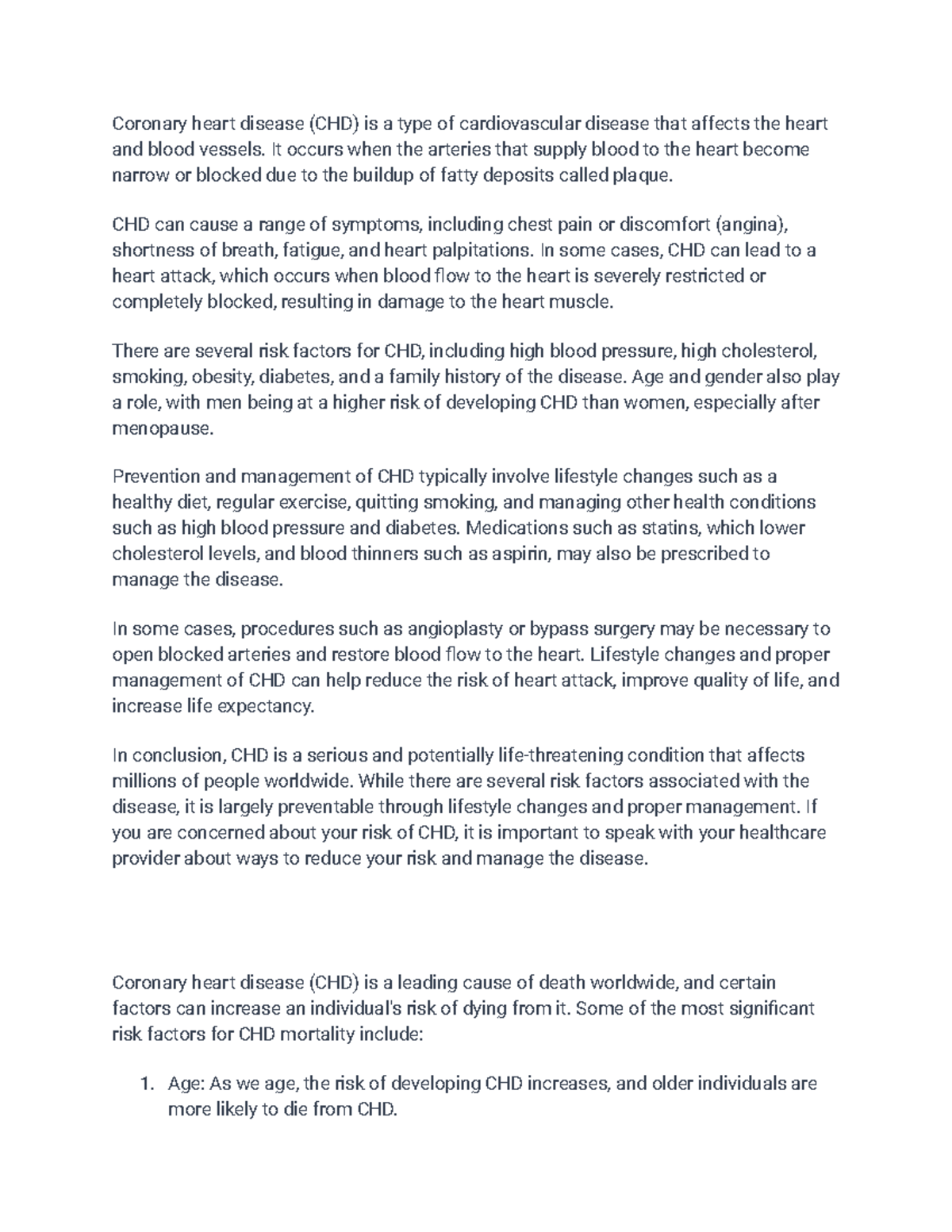 CHD - These are notes over CHD which is on the test - Coronary heart ...