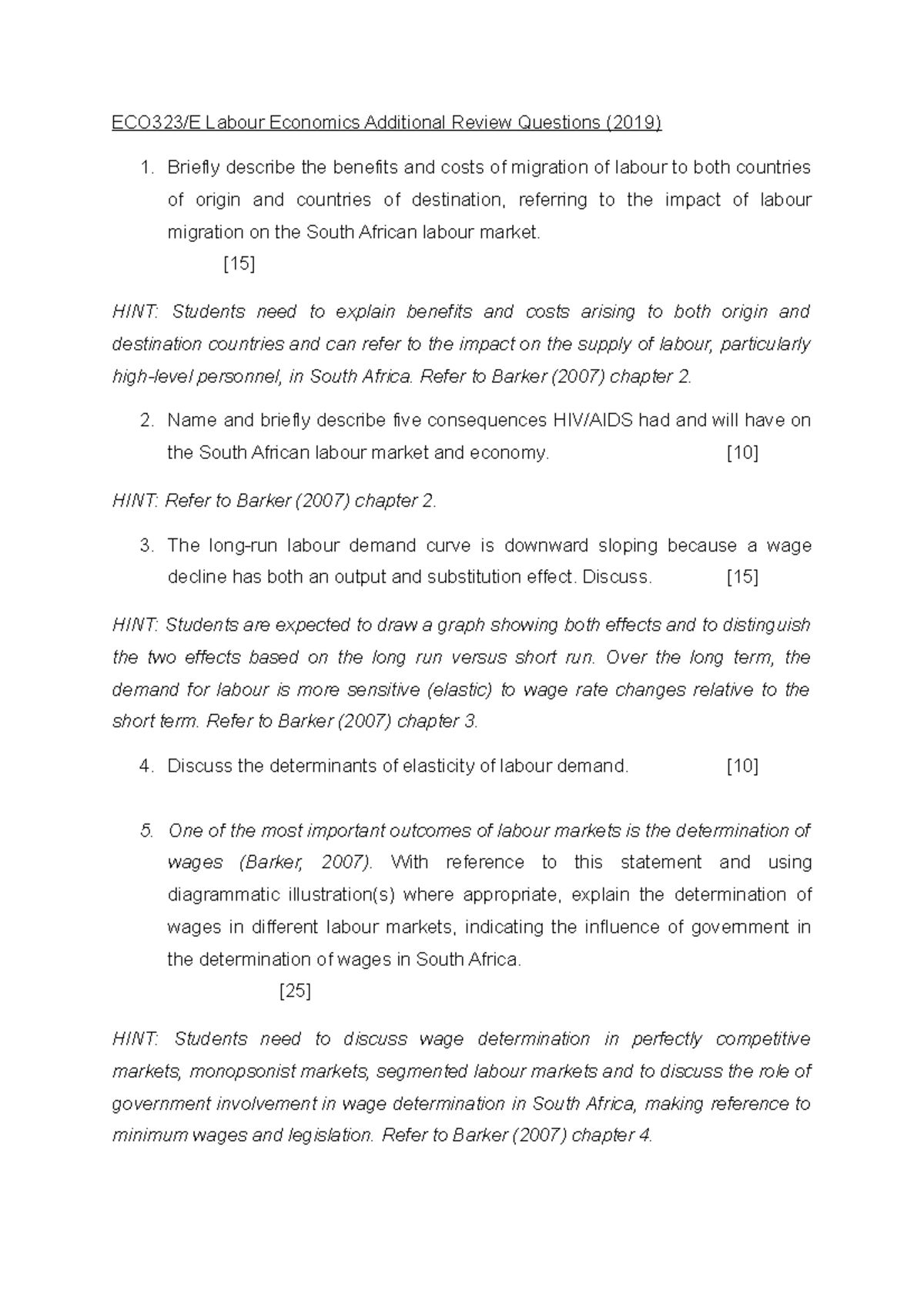 ECO323 additional revision questions - ECO323/E Labour Economics ...