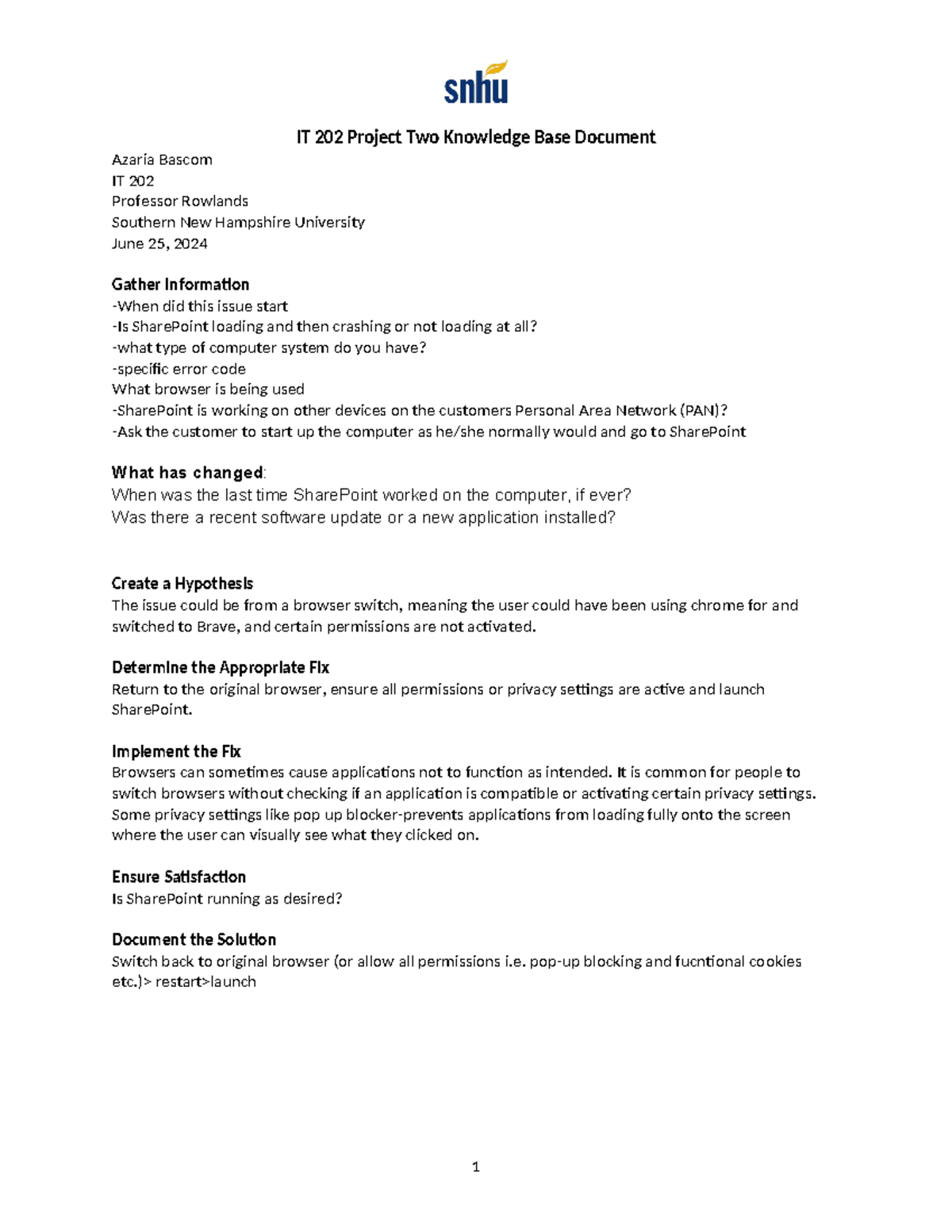 IT 202 Project Two Knowledge Base Document Template - IT 202 Project ...