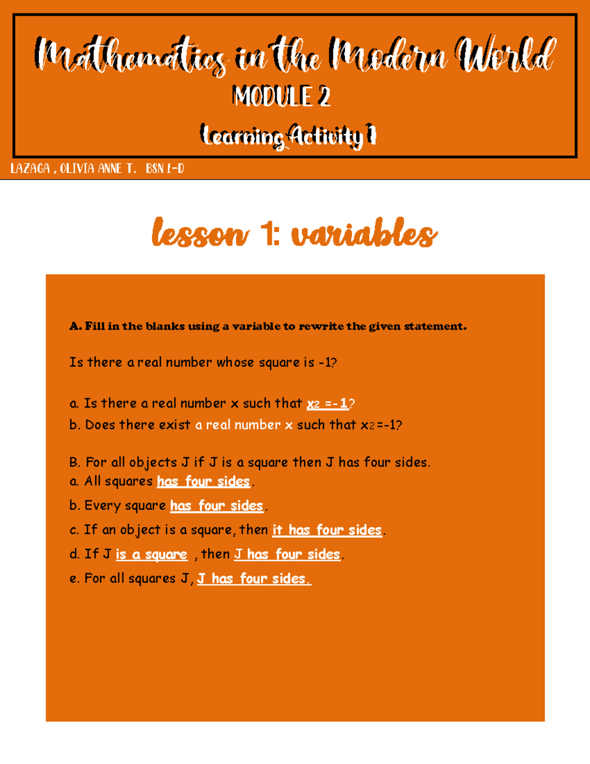 Learning Activity 1 - ..... - LESSON 1 : VARIABLES A. Fill in the ...