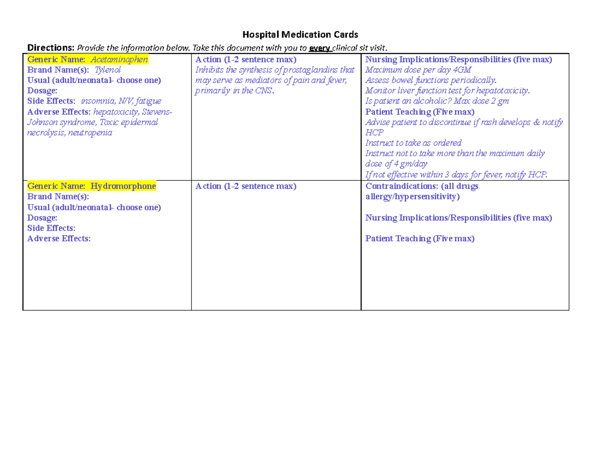Hospital Med Cards - Directions: Provide the information below. Take ...