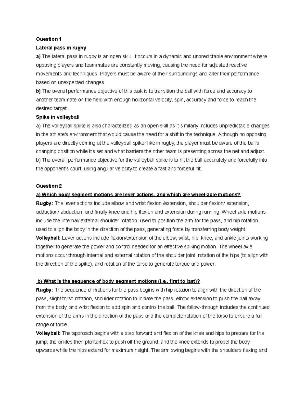 Kin lab 4 - lab - Question 1 Lateral pass in rugby a) The lateral pass ...