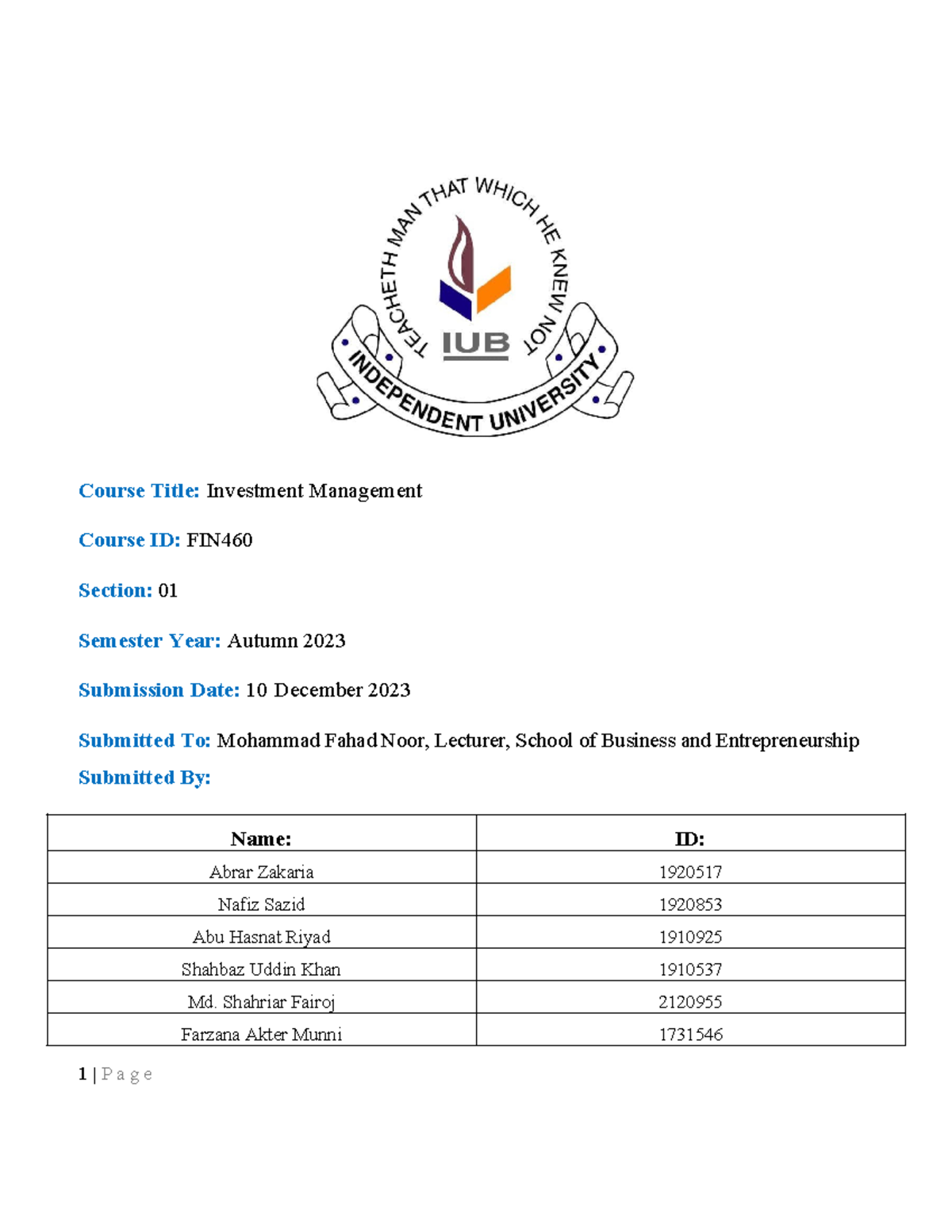 FIN460 Section-1 Assignment Report - Course Title: Investment ...