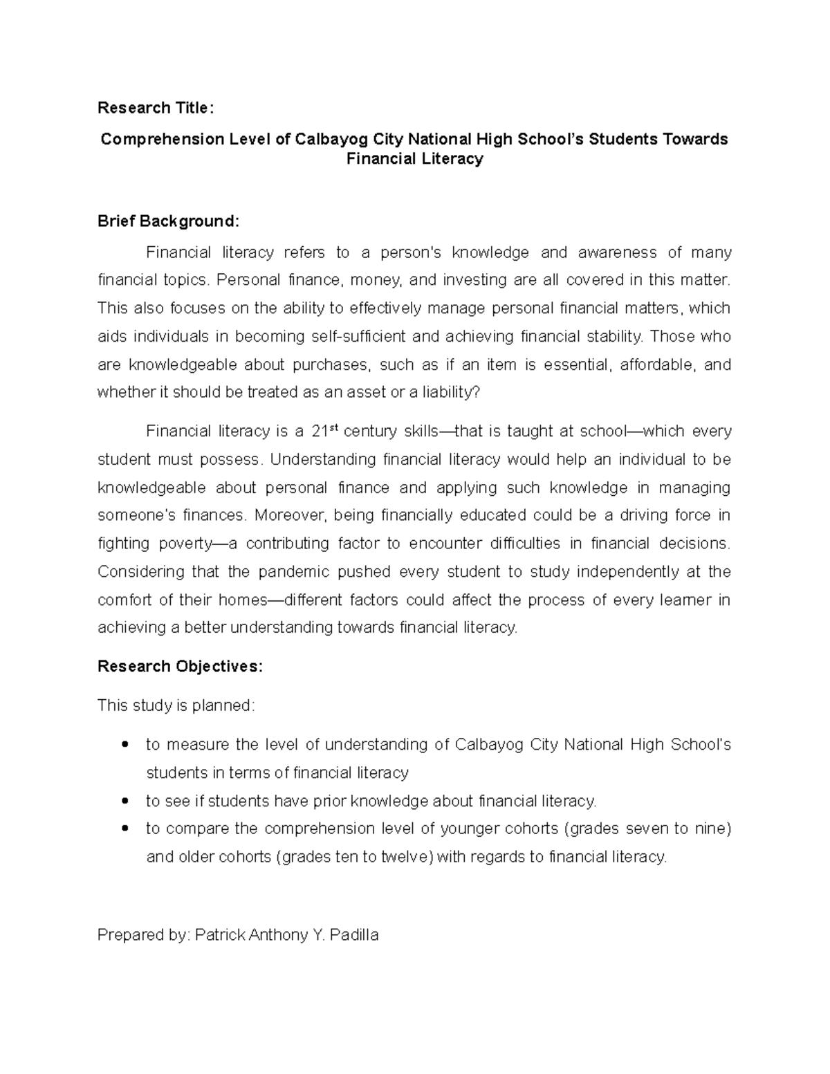 Patpat Research Topic #1 - Research Title: Comprehension Level of ...