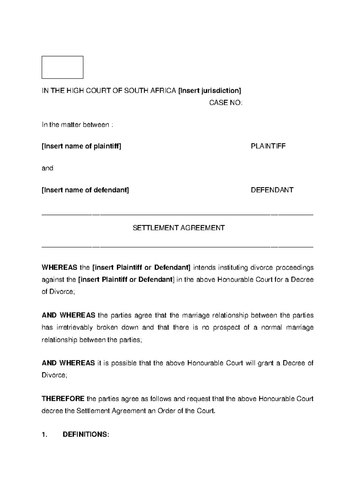 Settlement agreement-Divorce - IN THE HIGH COURT OF SOUTH AFRICA ...