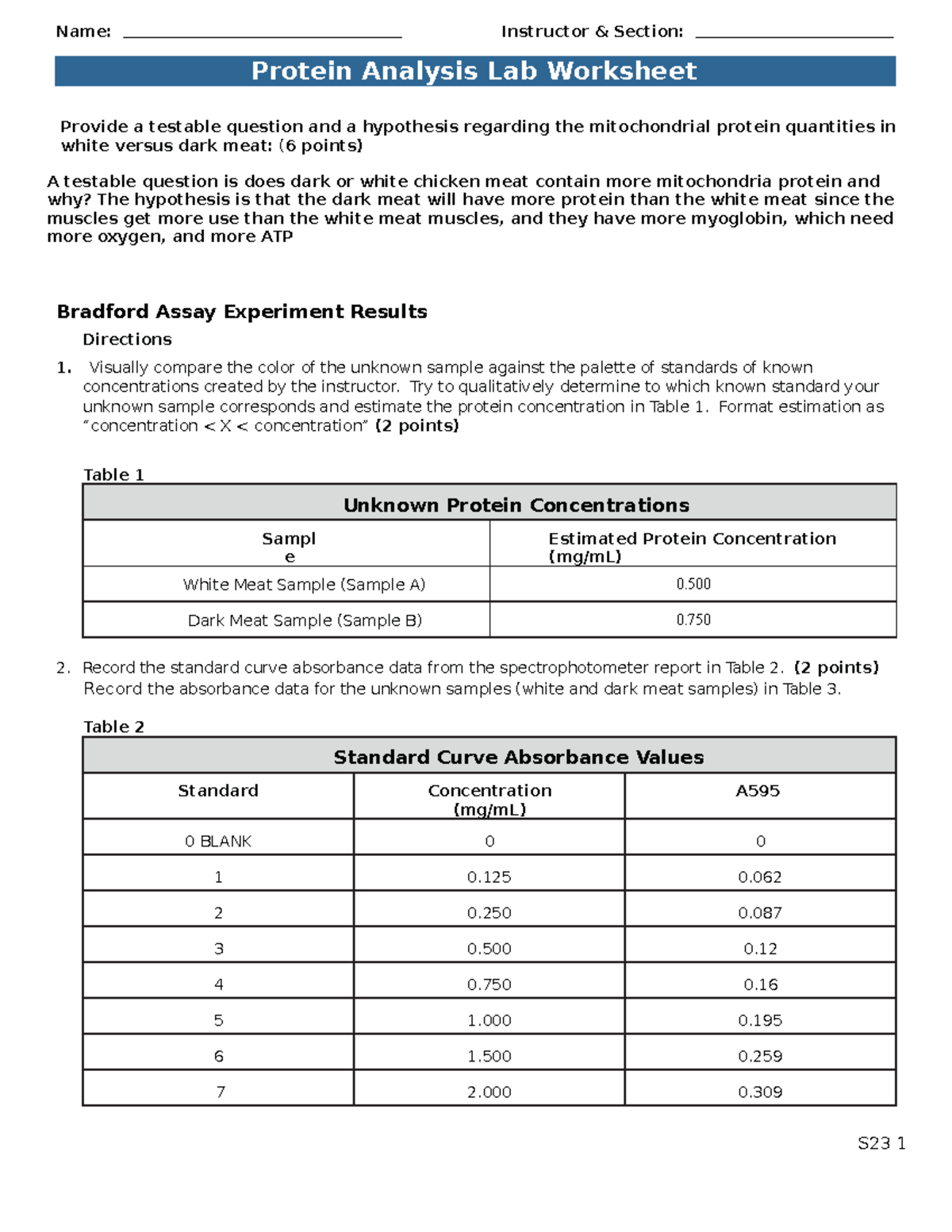 Protein Analysis Worksheet - Provide a testable question and a ...