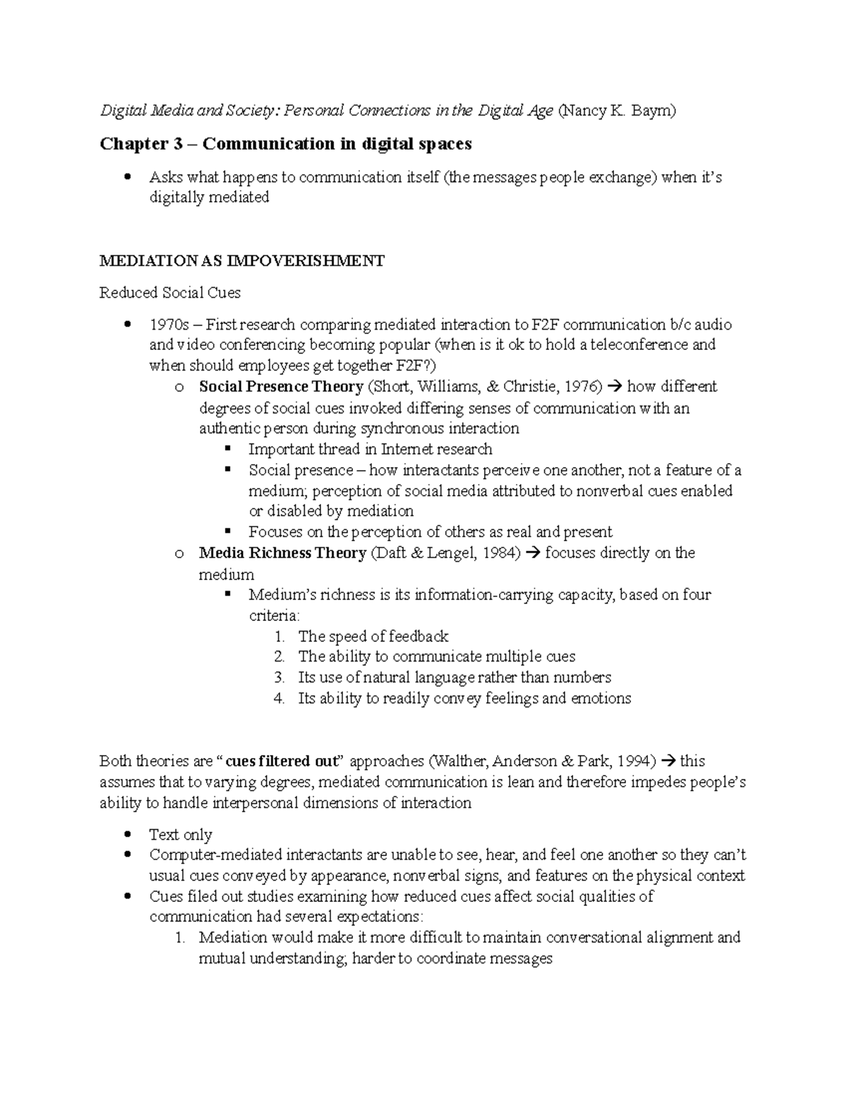 Baym Chapter 3Notes - Summary Personal Connections in the Digital Age ...