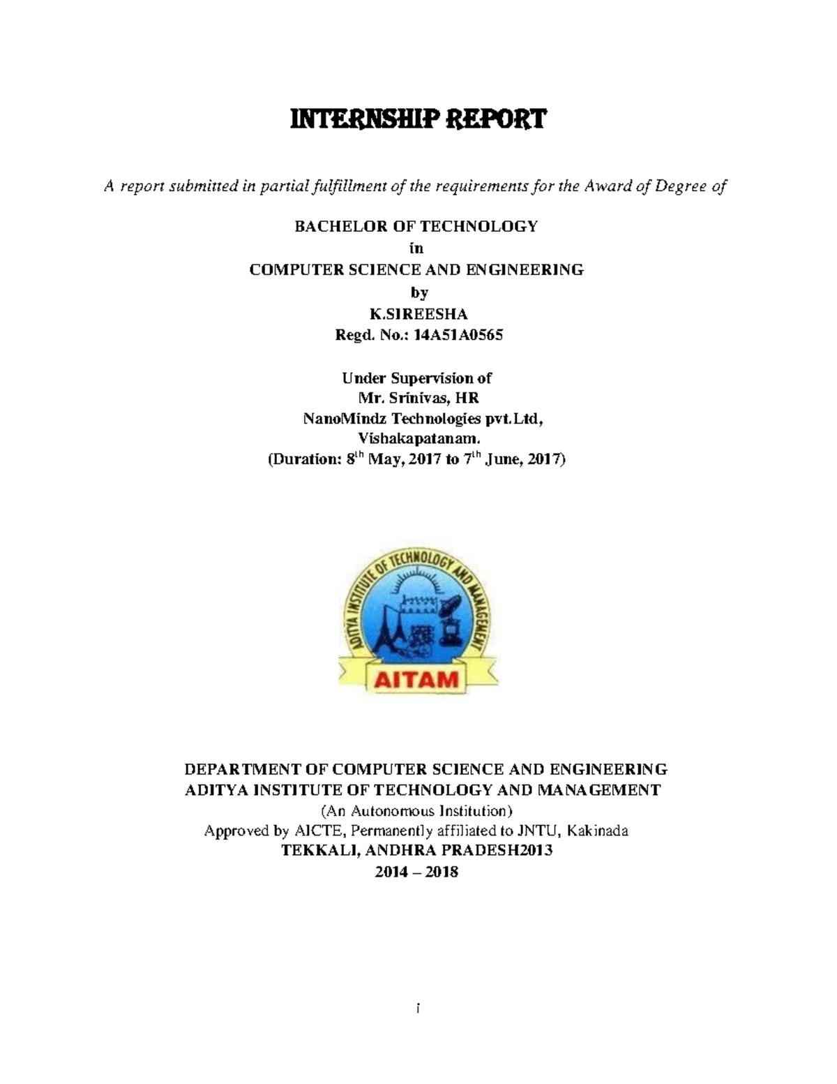 Internship Report sample 6 - i INTERNSHIP REPORT A report submitted in ...