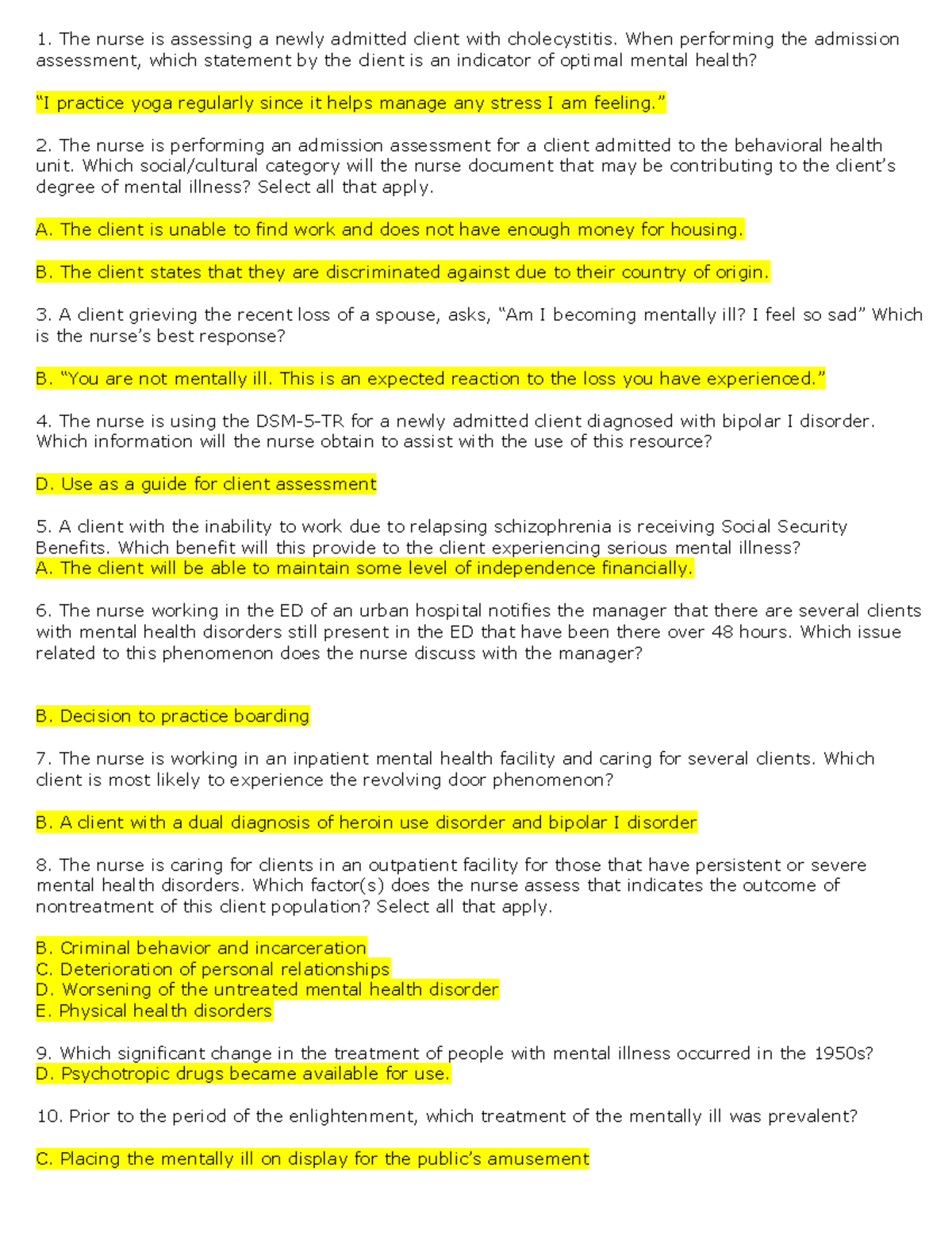 TEST 1 chapters 1-9 RN Mental Health question-answer test review - The ...