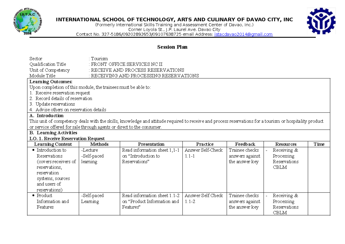 03 Sample Session Plan FOS NC II - INTERNATIONAL SCHOOL OF TECHNOLOGY ...