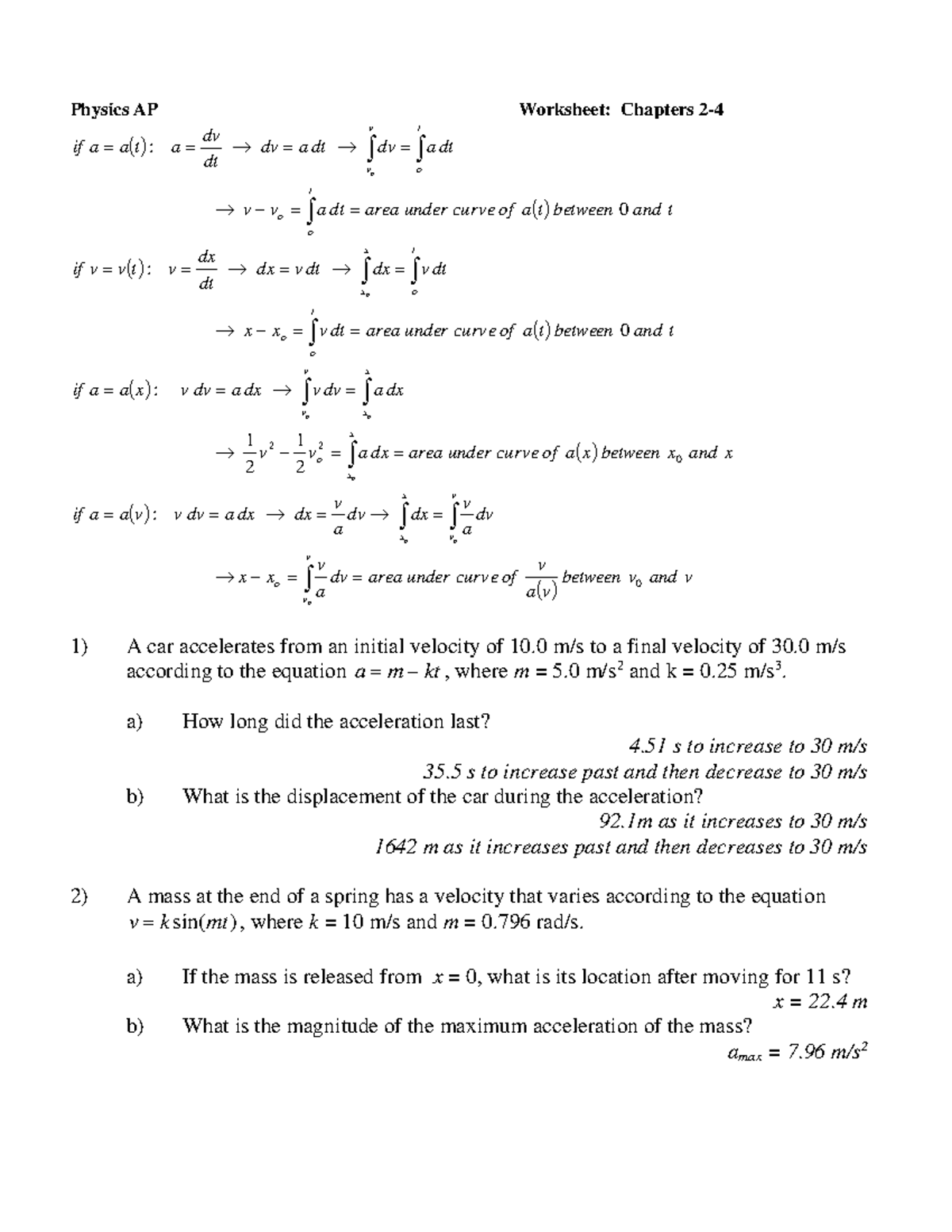 PAPC2-4Worksheet 2 - Basic kinematics worksheet with free response ...