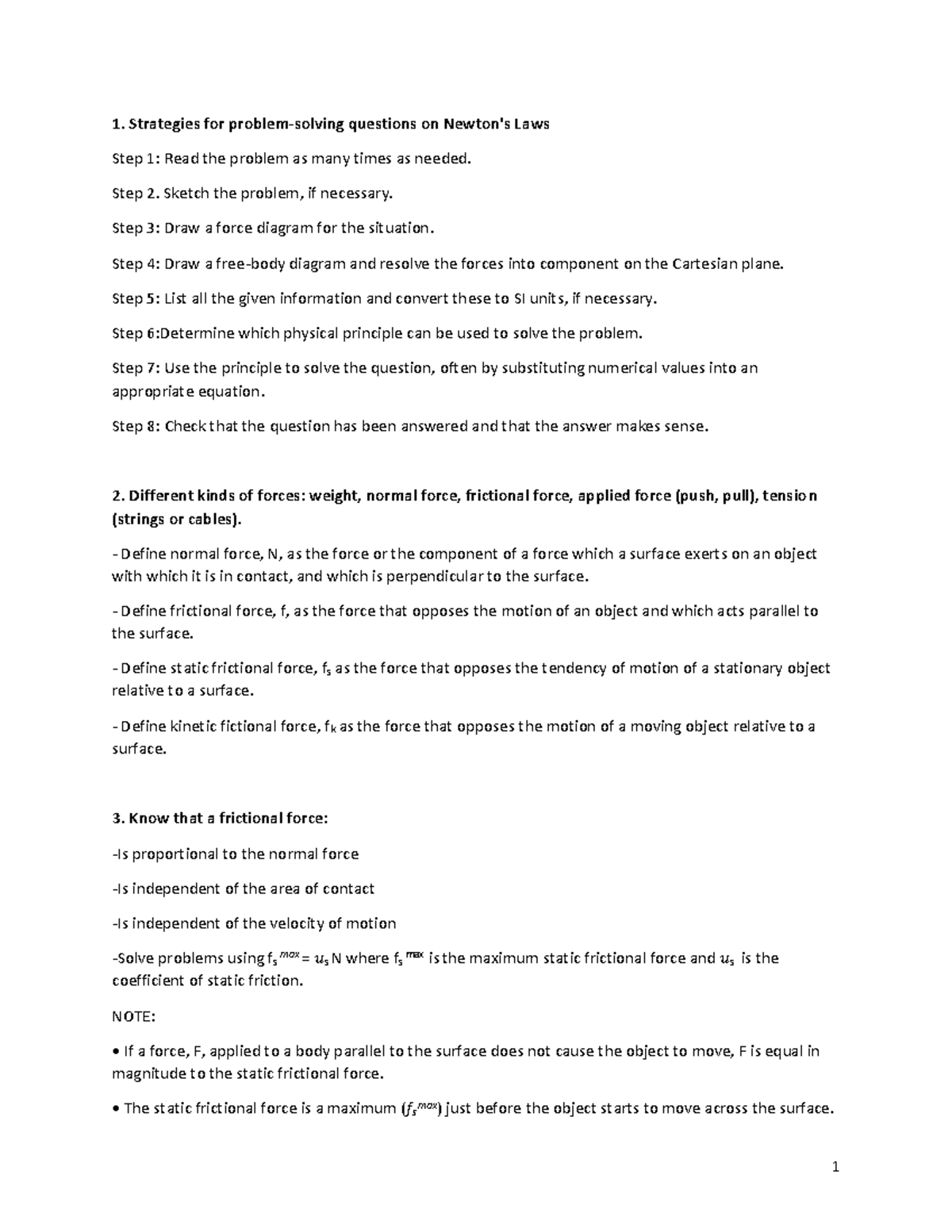 Application of Newton's laws Exam preparation - 1 1. Strategies for ...