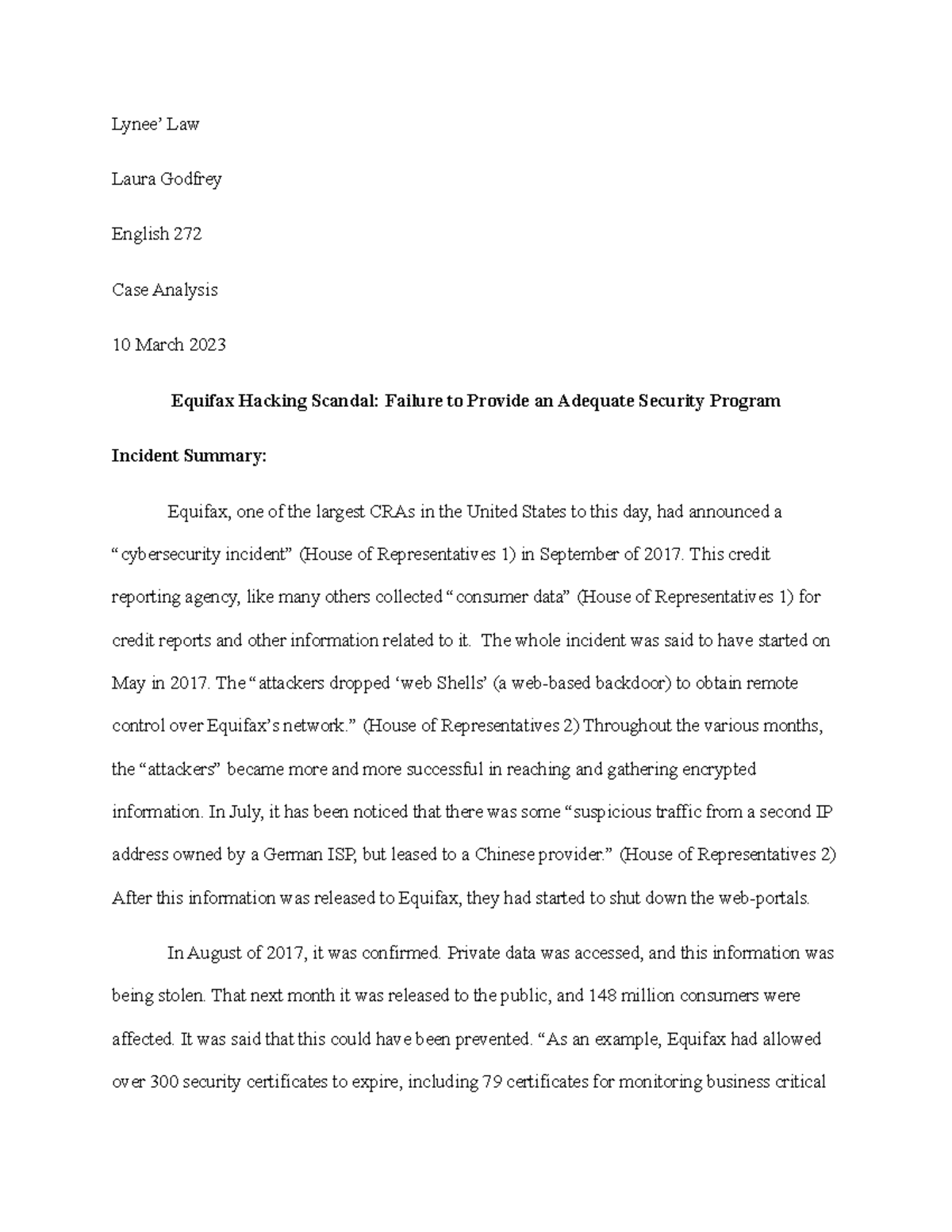 Case Analysis English 272 - Lynee’ Law Laura Godfrey English 272 Case ...