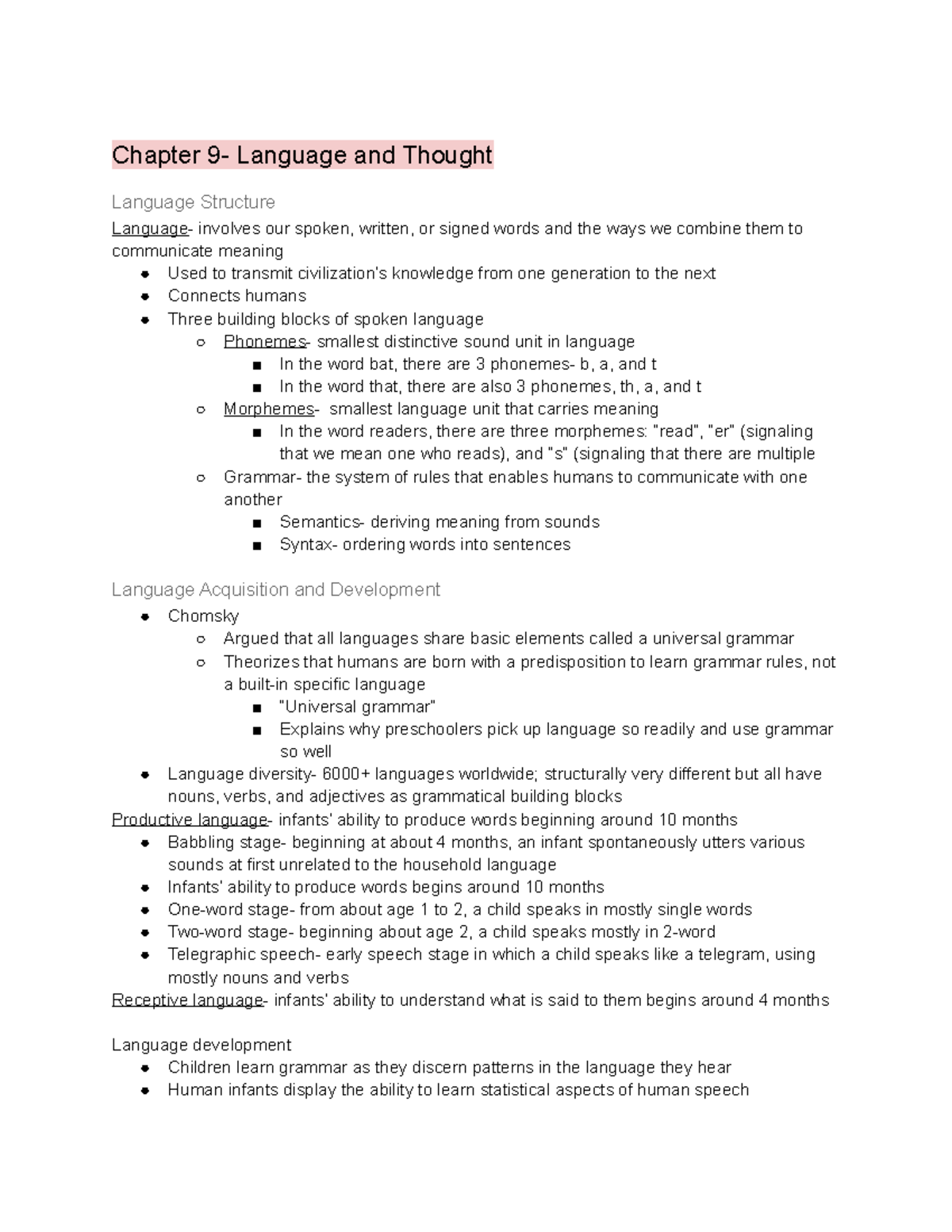 Self Mind Society chapter 9 - Chapter 9- Language and Thought Language Structure Language ...