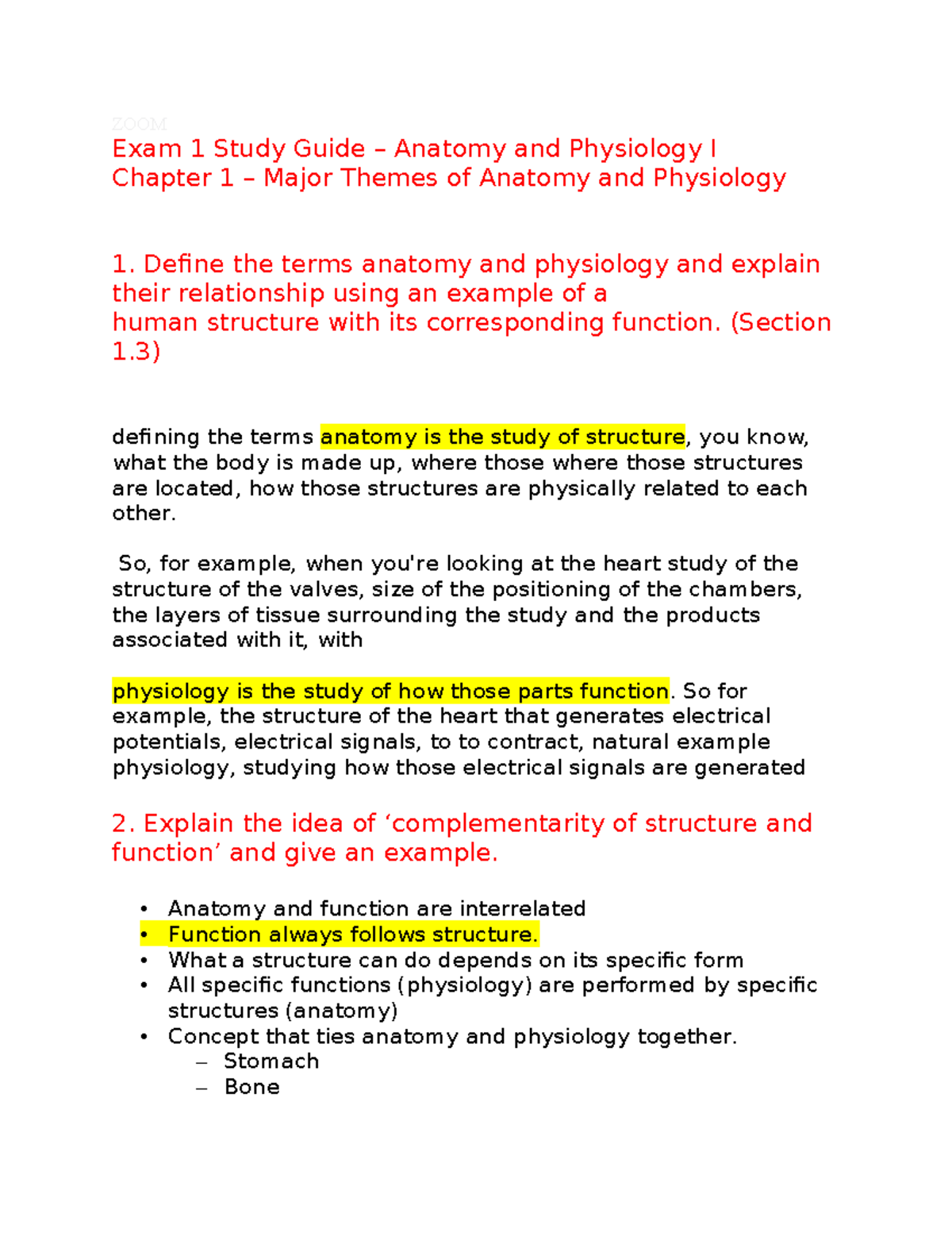 A&P 1 study guide review - ZOOM Exam 1 Study Guide – Anatomy and ...