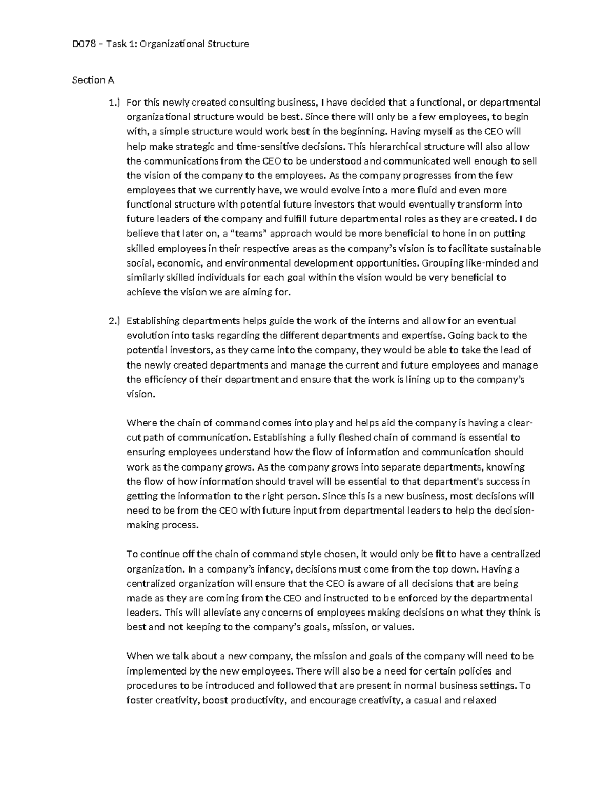 D078 - Task One - Task one - D078 – Task 1: Organizational Structure ...