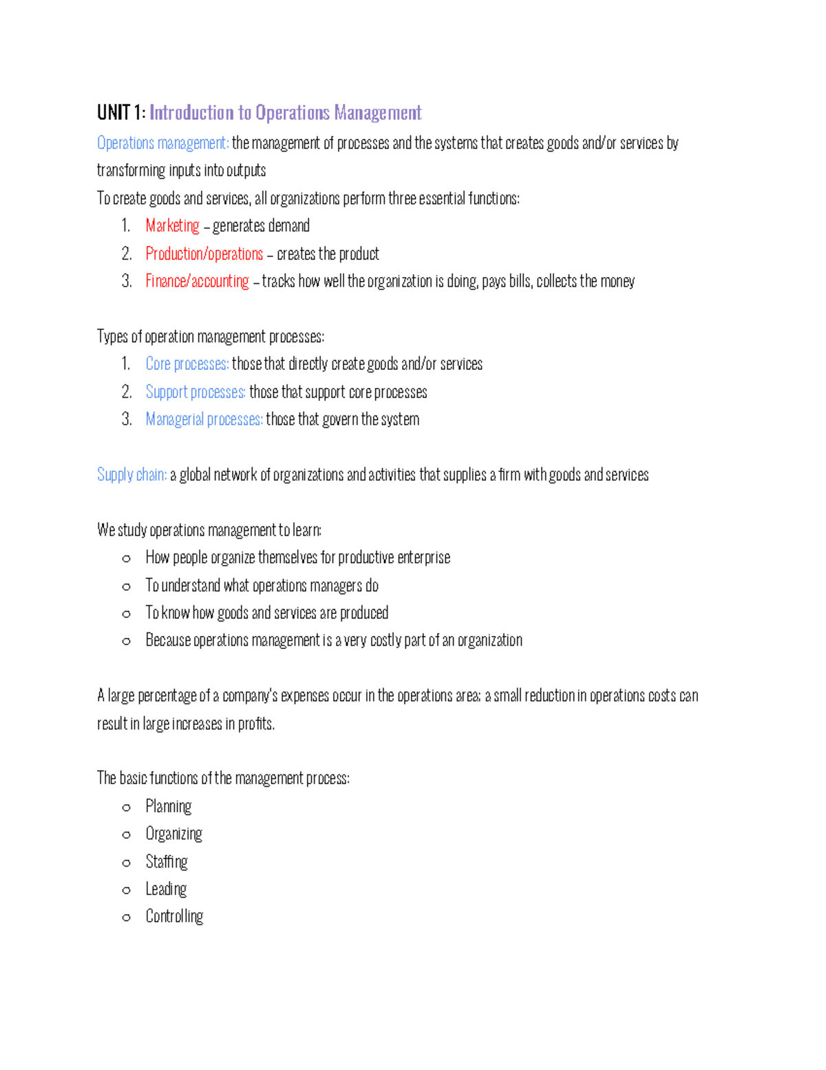 GMS401 notes - UNIT 1: Introduction to Operations Management Operations ...