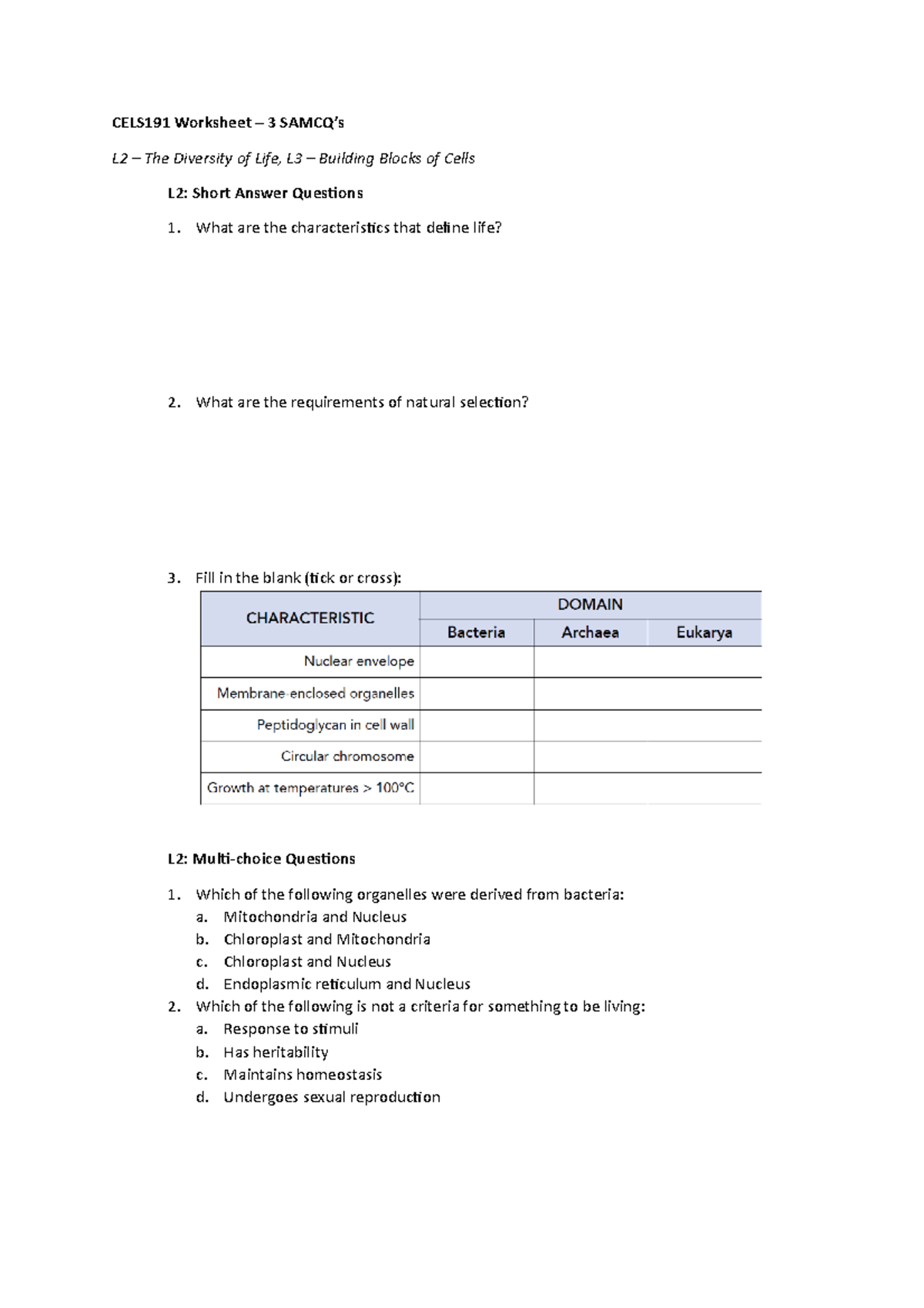 CELS191 Worksheet L2-3 - CELS191 Worksheet – 3 SAMCQ’s L2 – The ...