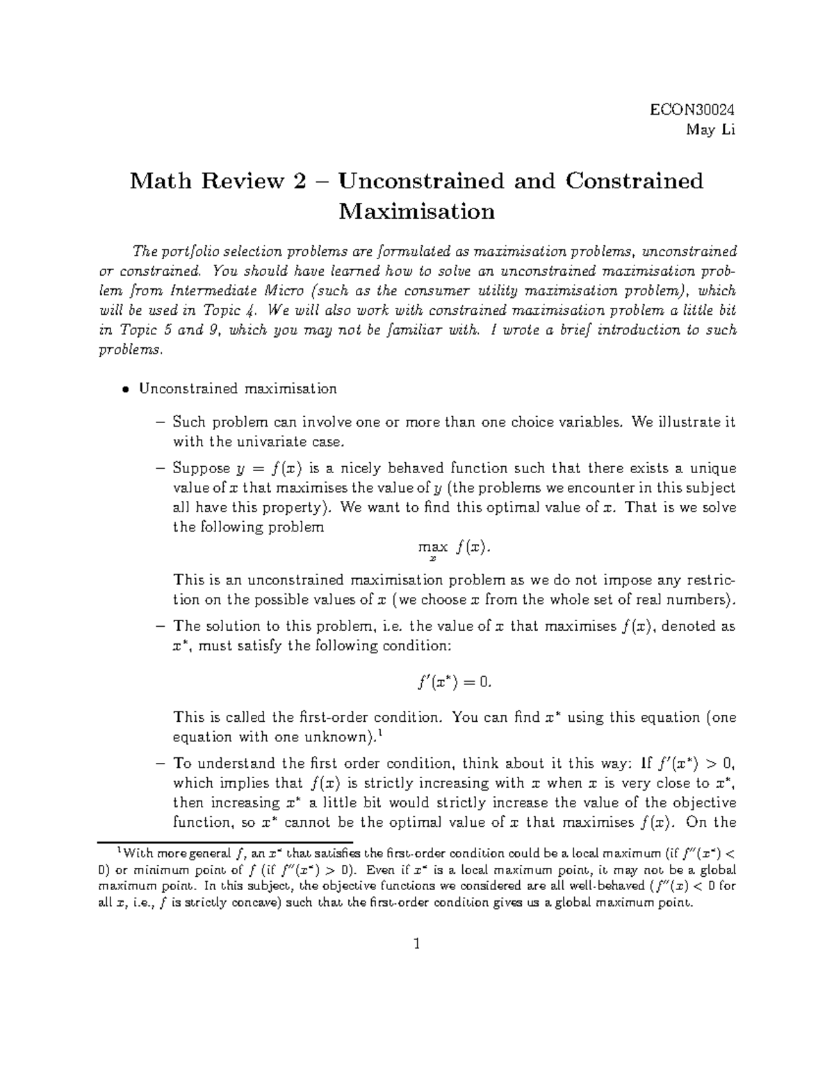 Mathreview 2 - Math Review - ECON May Li Math Review 2 – Unconstrained and Constrained ...