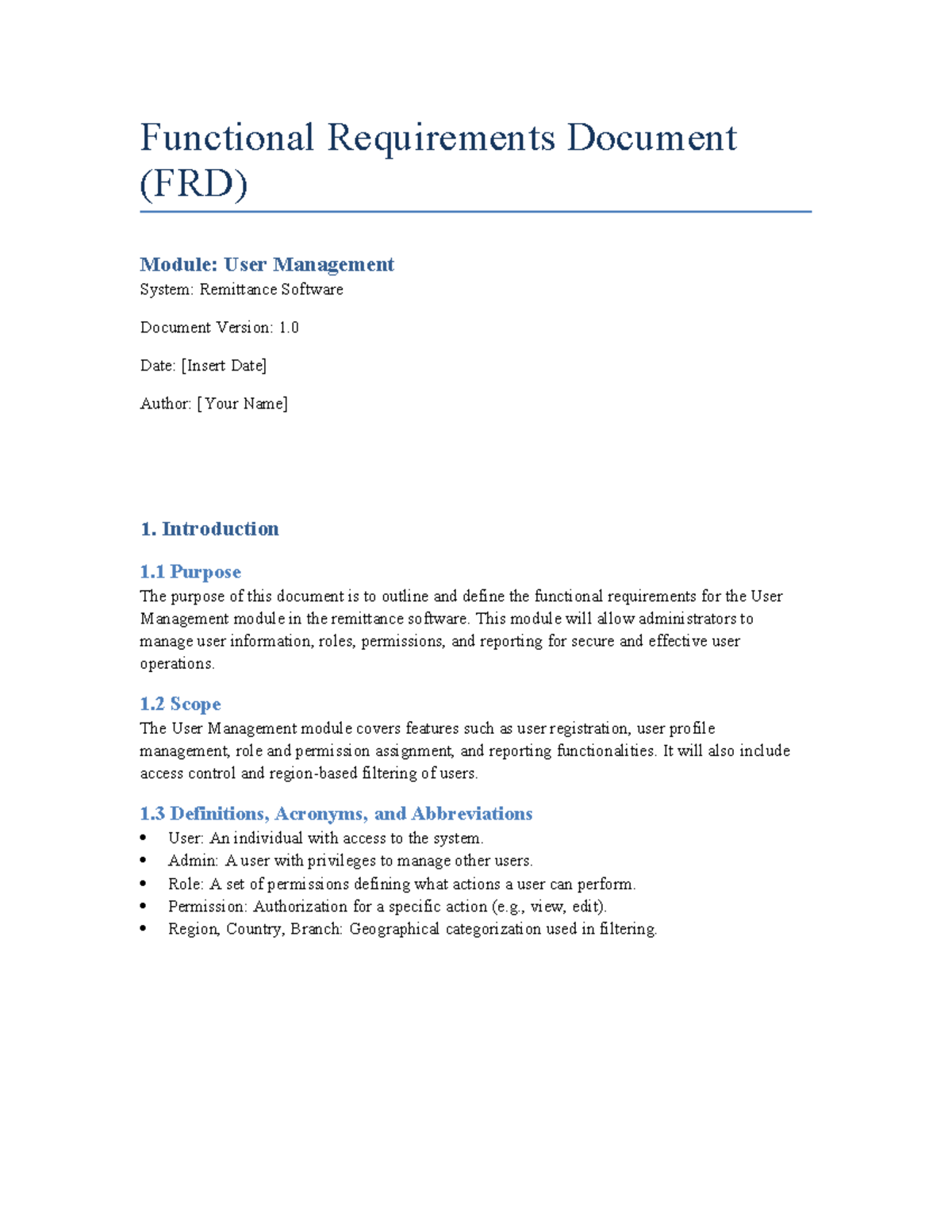 User Management FRD - Functional Requirements Document (FRD) Module: User Management System ...