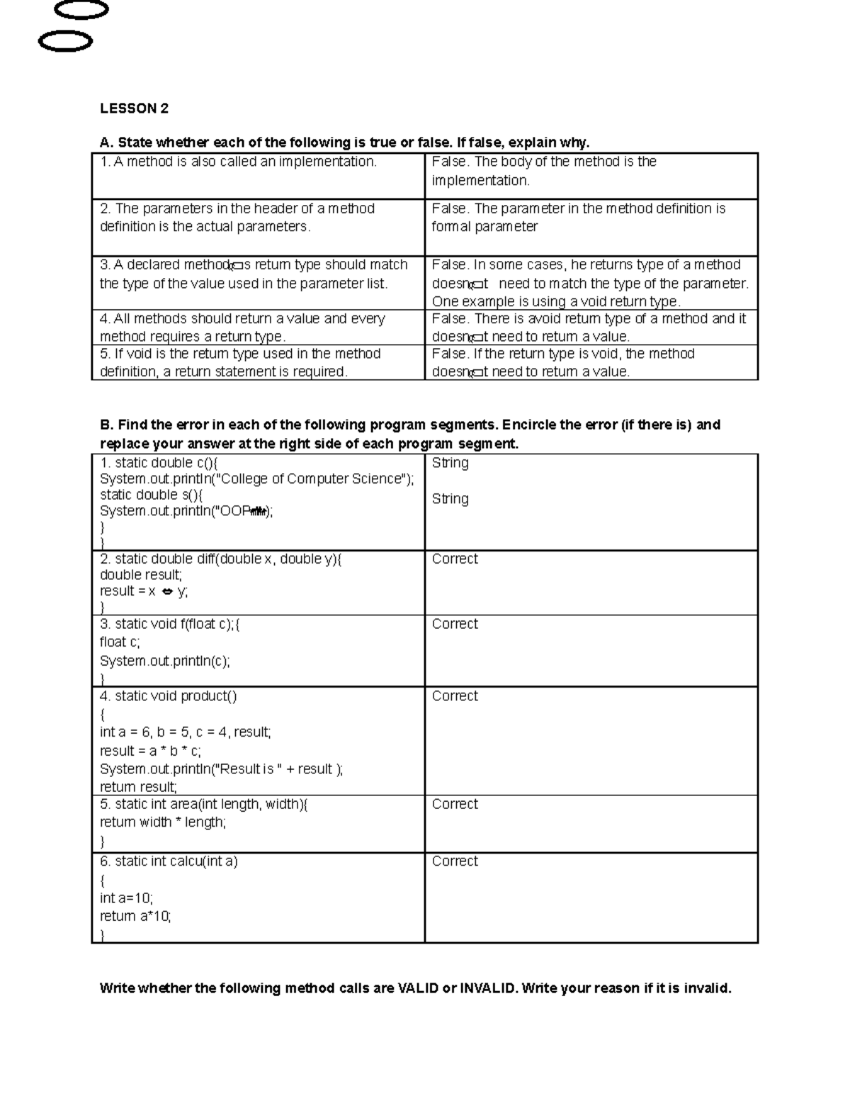 M1.L2 - MODULE 1 LESSON 2 OOP - LESSON 2 A. State whether each of the ...