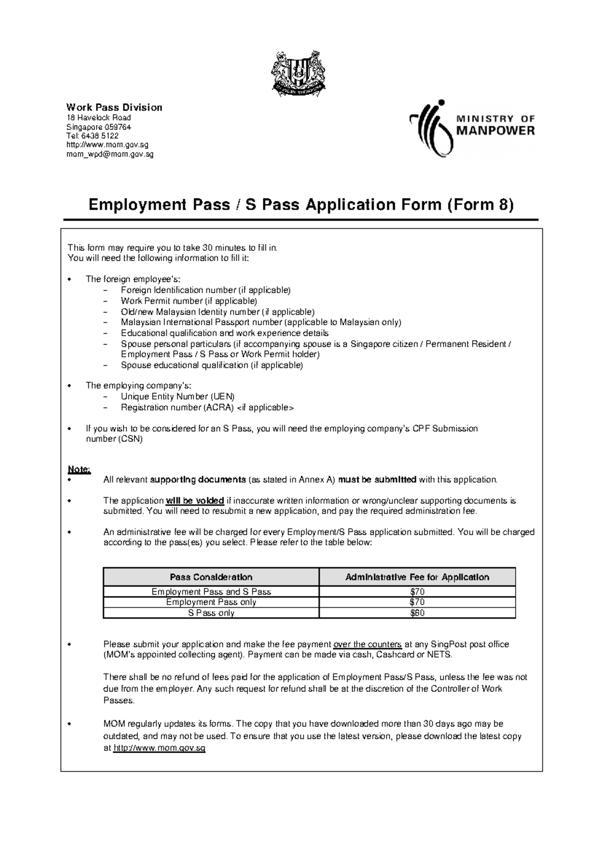 Ep spass form8 - Work Pass Division 18 Havelock Road Singapore 059764 ...