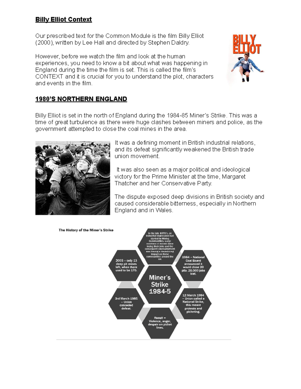 L6 Billy Elliot Context - Billy Elliot Context Our prescribed text for ...