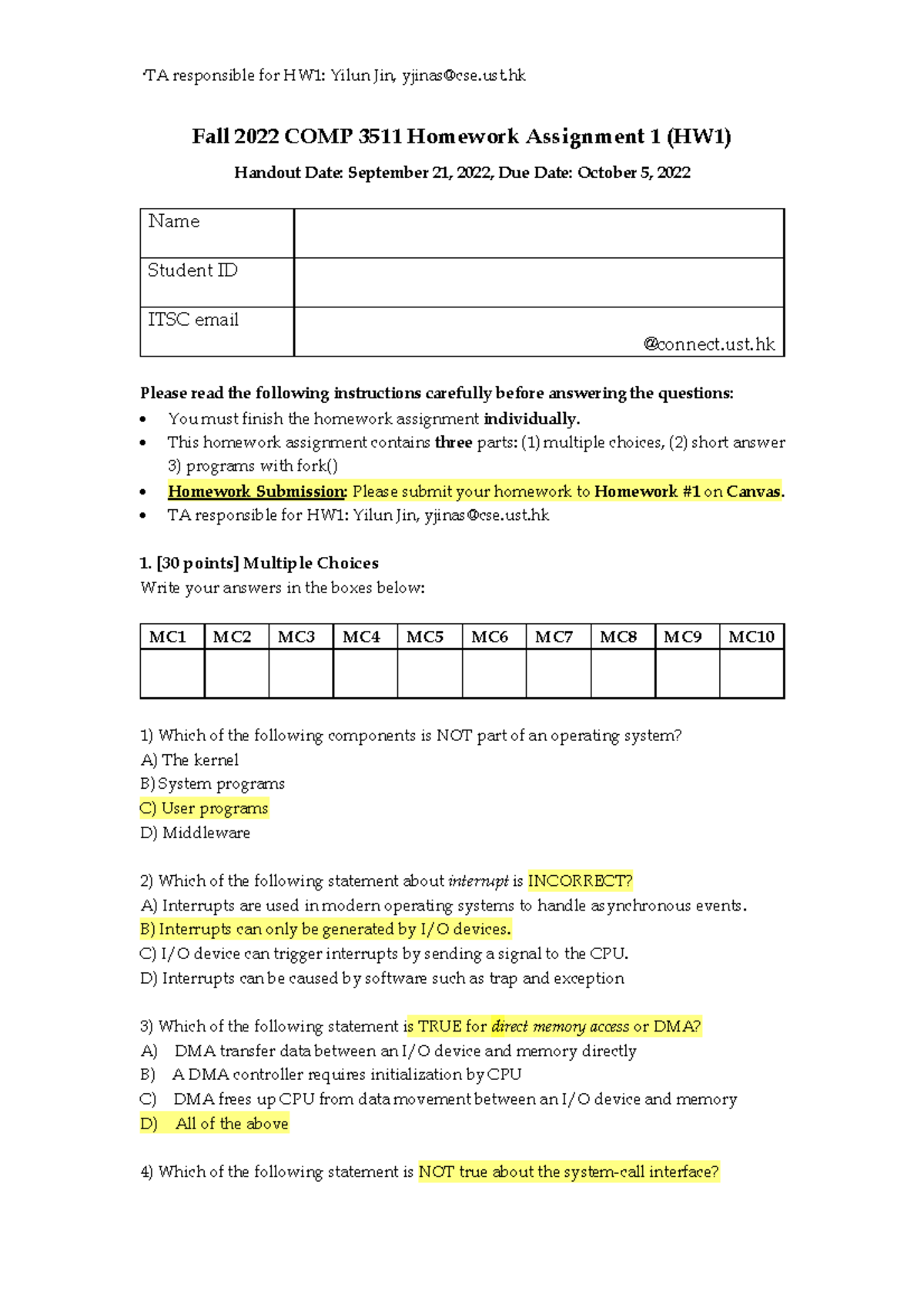 Comp3511 f2022 hw1 - No description - Fall 2022 COMP 3511 Homework Assignment 1 (HW1) Handout ...