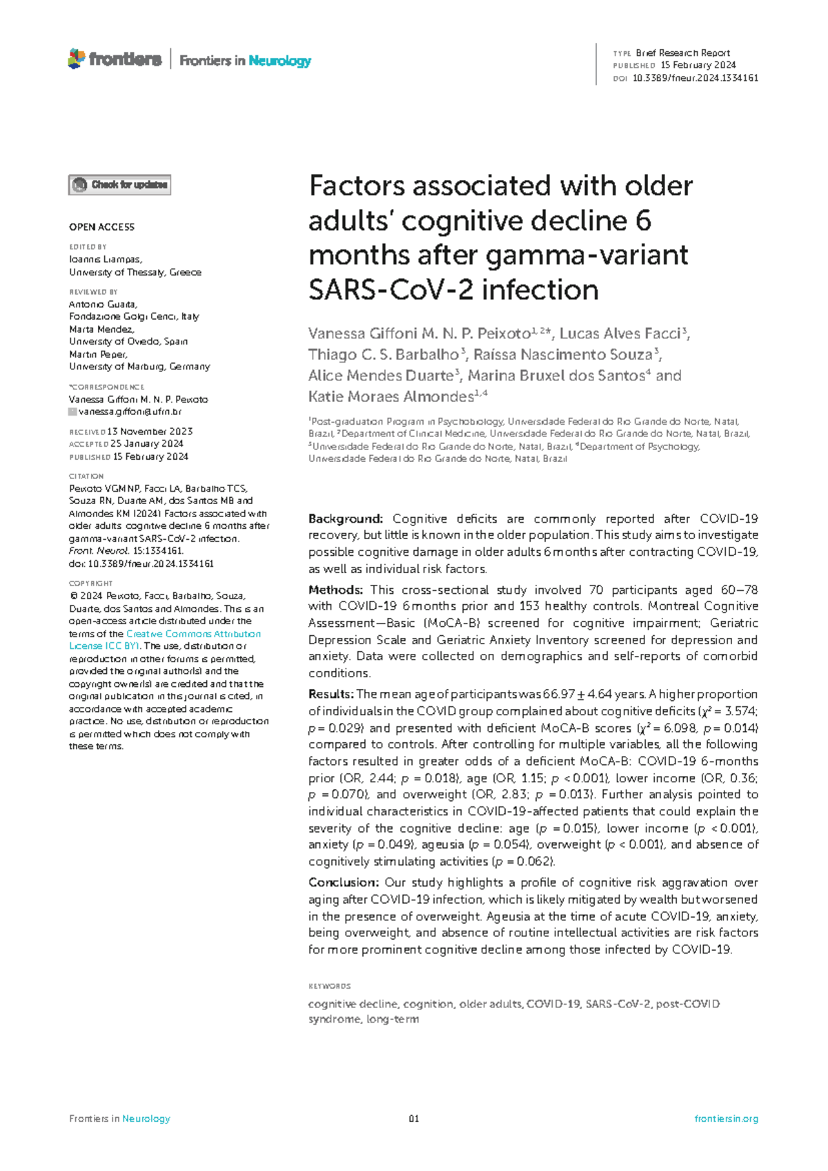 Factors associated with older adults’ cognitive decline 6 months after ...