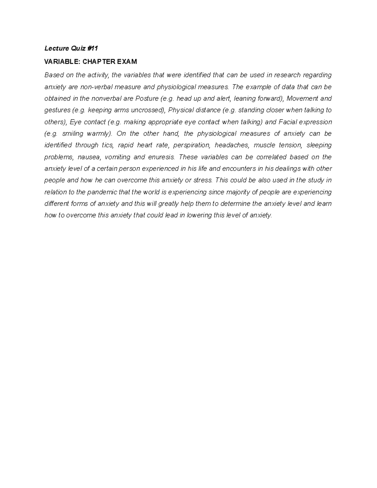 Lecture Quiz 11 - For quiz - Lecture Quiz # VARIABLE: CHAPTER EXAM ...