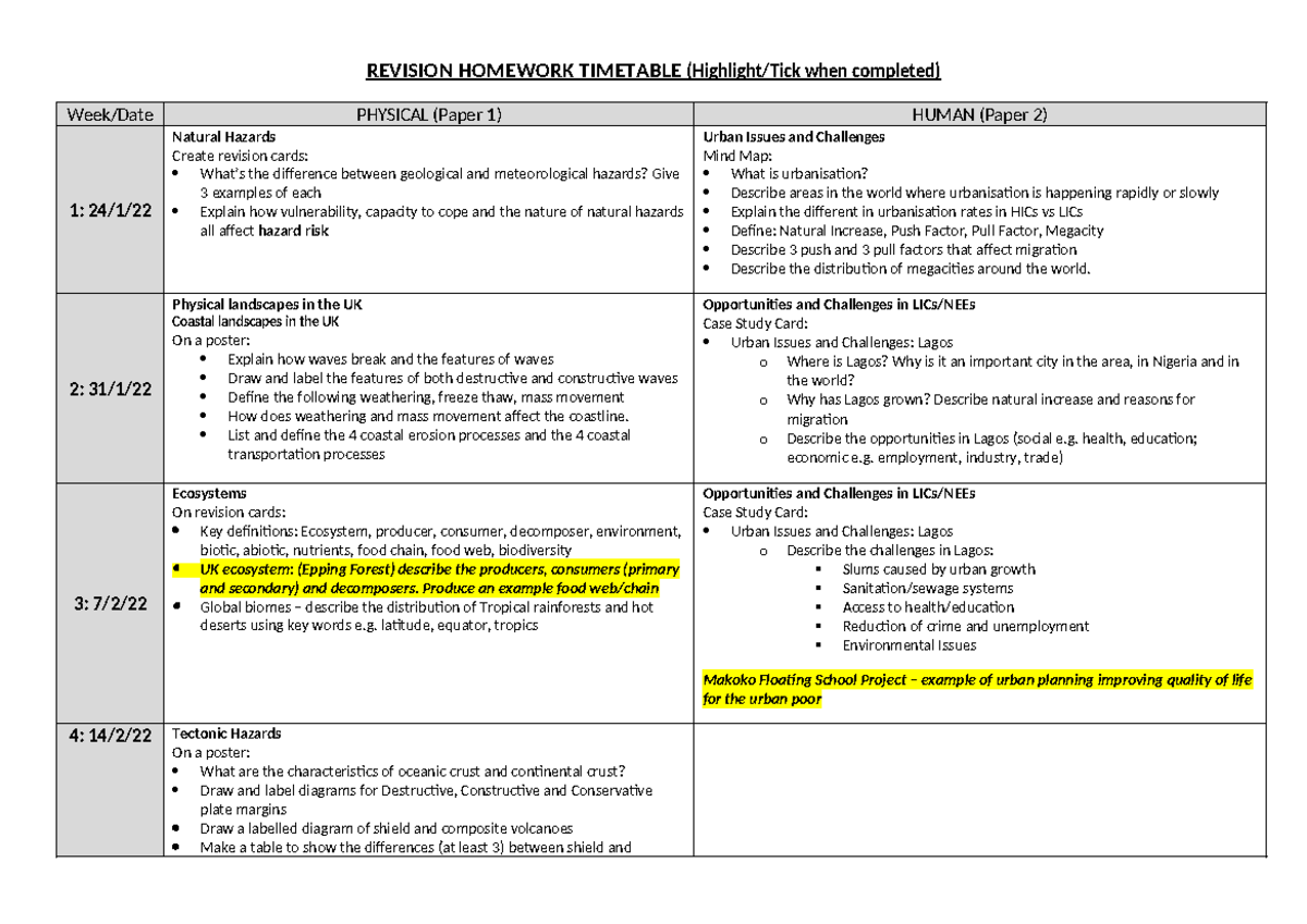 Revision Homework Timetable - REVISION HOMEWORK TIMETABLE (Highlight ...