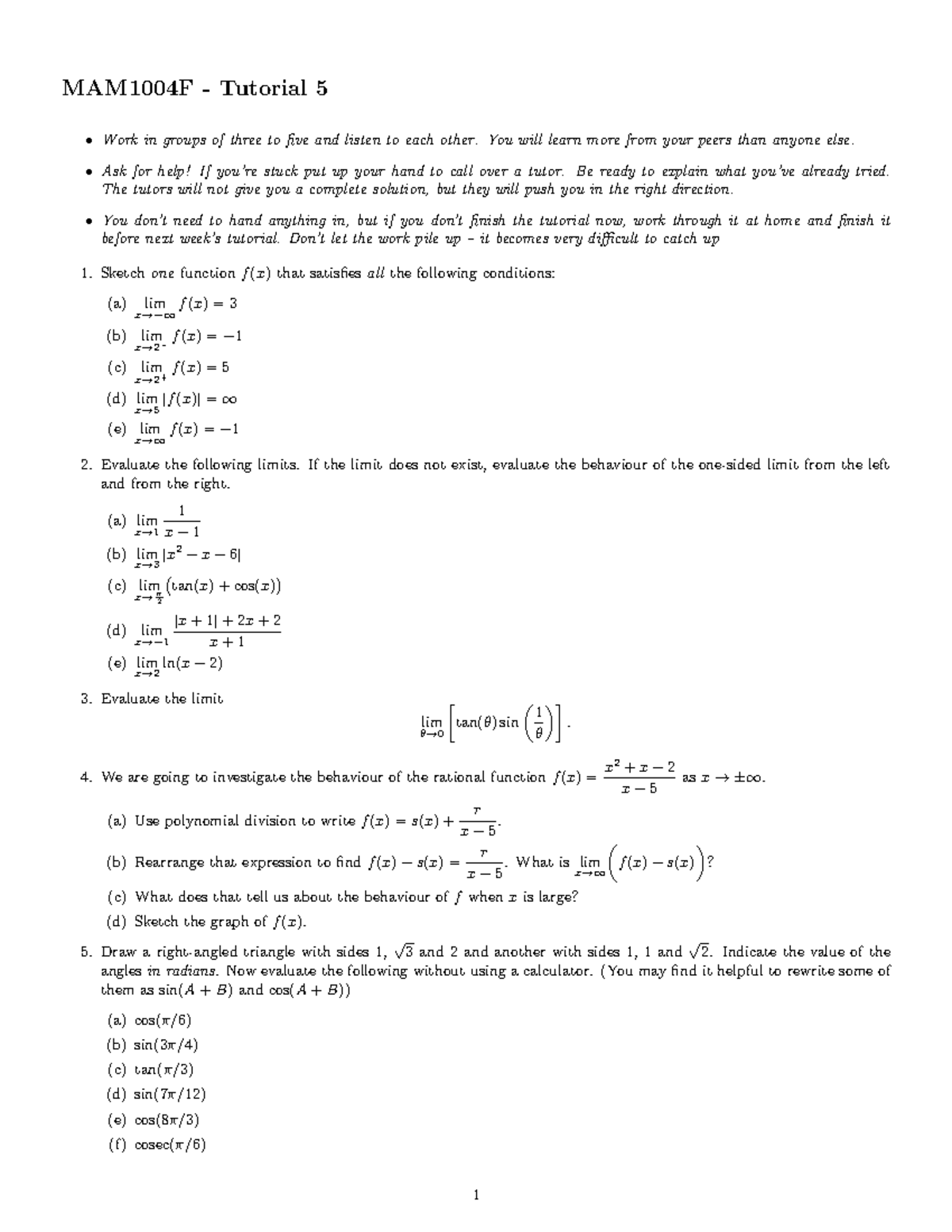 Tutorial 05 - Tut05 - MAM1004F - Tutorial 5 Work in groups of three to five and listen to each ...