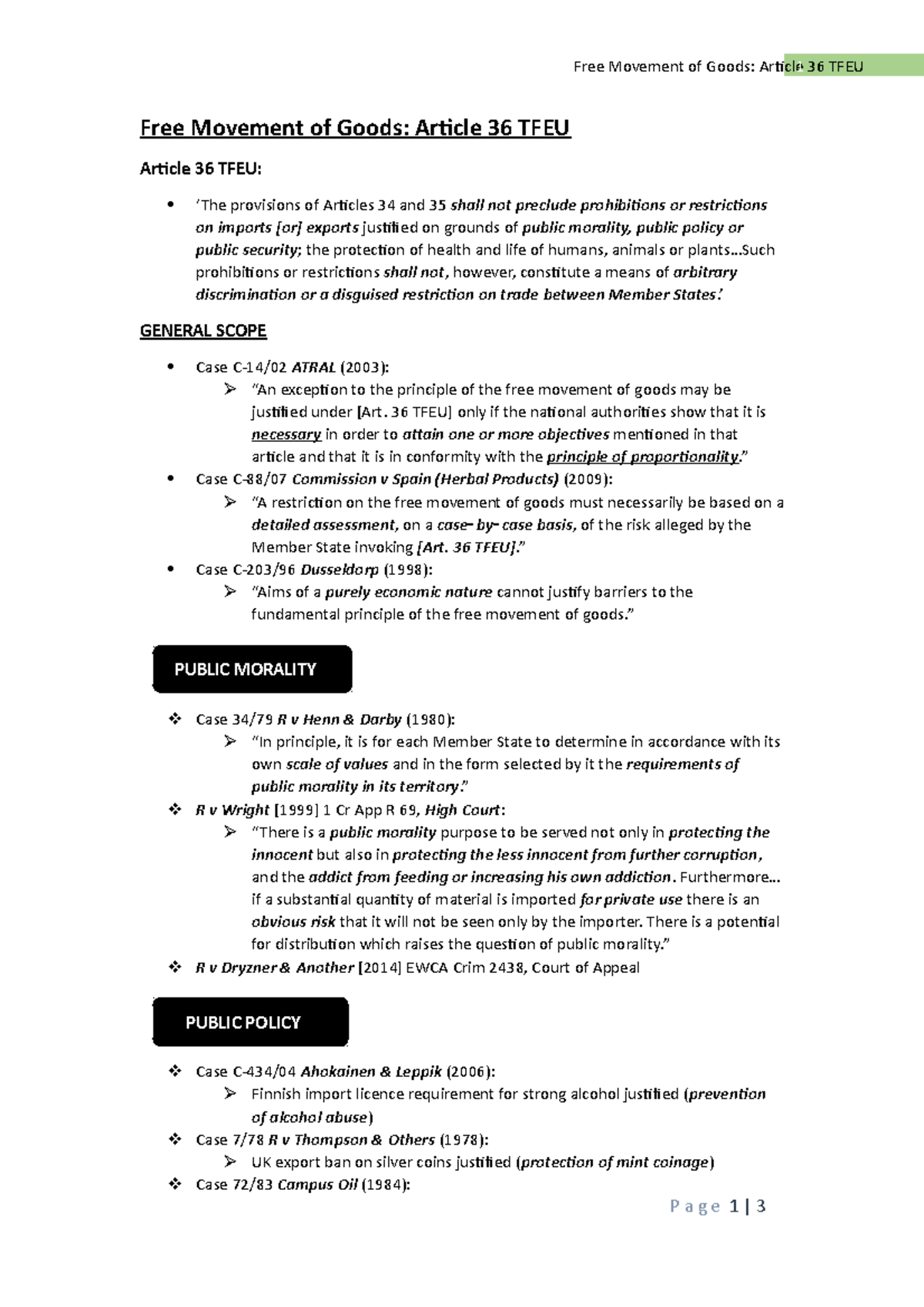 The Free Movement of Goods Part 3 - Free Movement of Goods: Article 36 ...