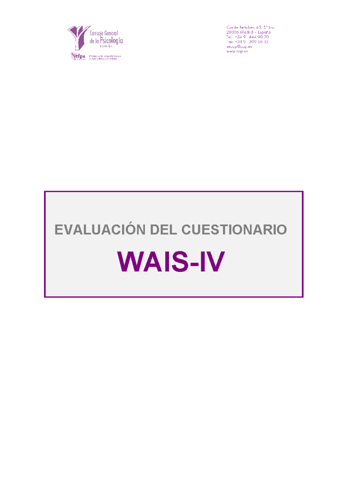 WAIS-IV - Wais text - EVALUACIÓN DEL CUESTIONARIO WAIS-IV RESUMEN DE LA ...